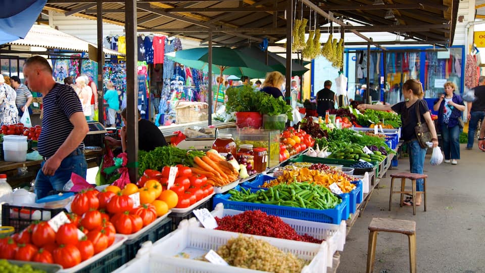 Mercado Central de Riga caracterizando mercados e cenas de rua assim como um grande grupo de pessoas