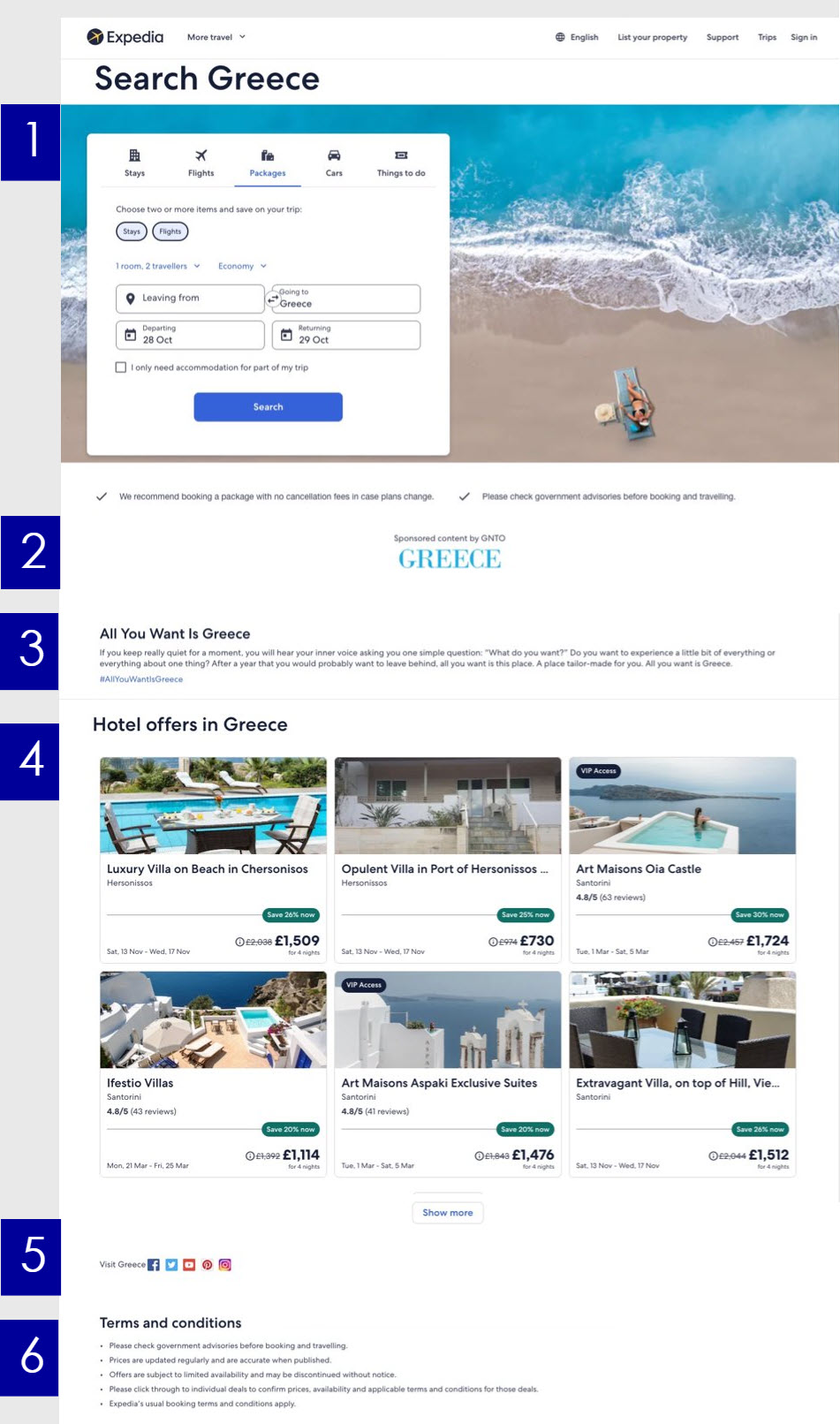 Branded landing page example with standard modules labeled