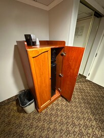 Mini fridge, microwave, coffee maker, closet