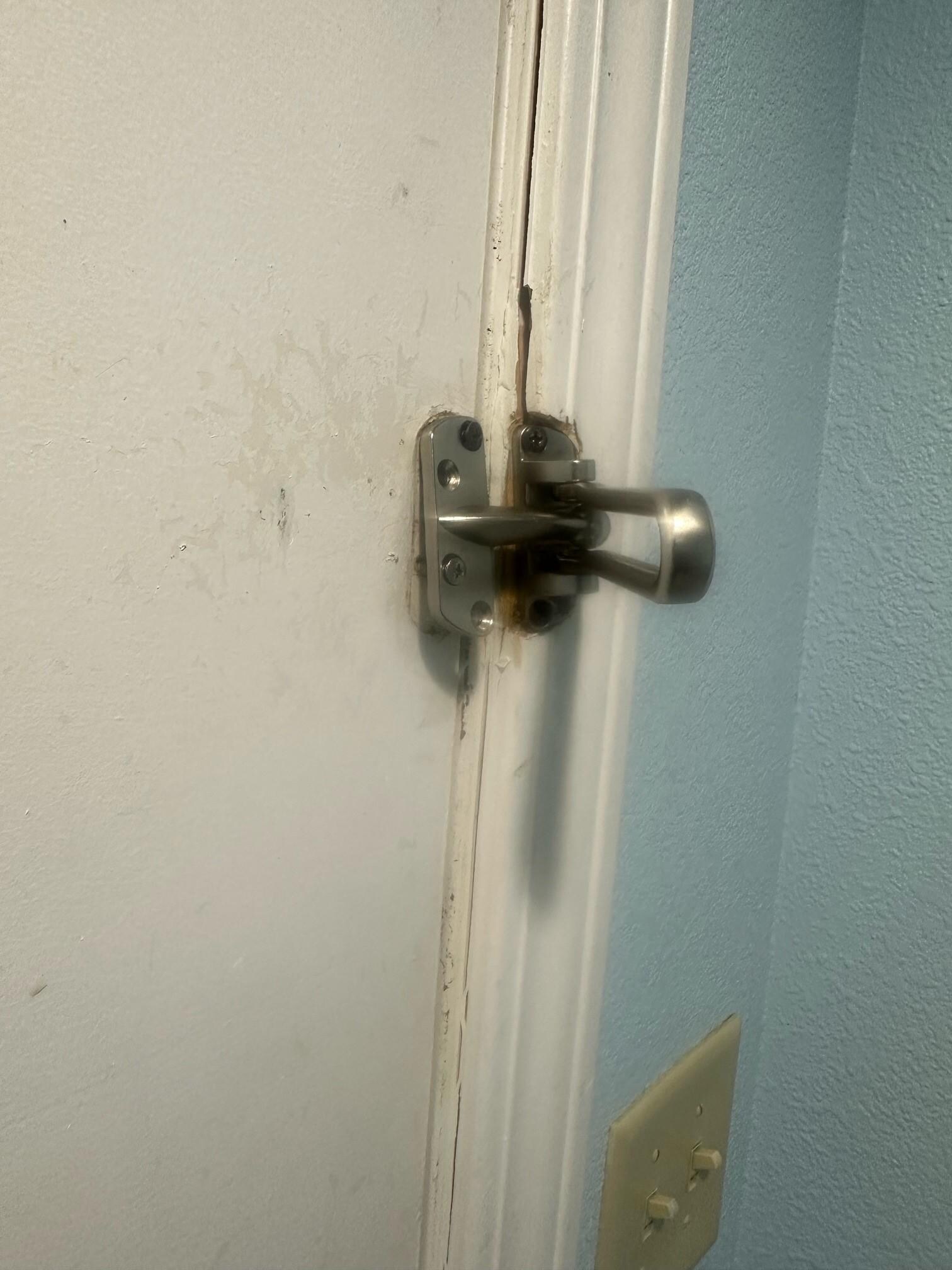 Unsafe. Lock is old rusty and dirty. It was also coming off the door.