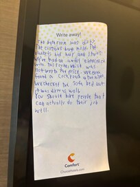 Note attached to the TV when my family and I arrived.