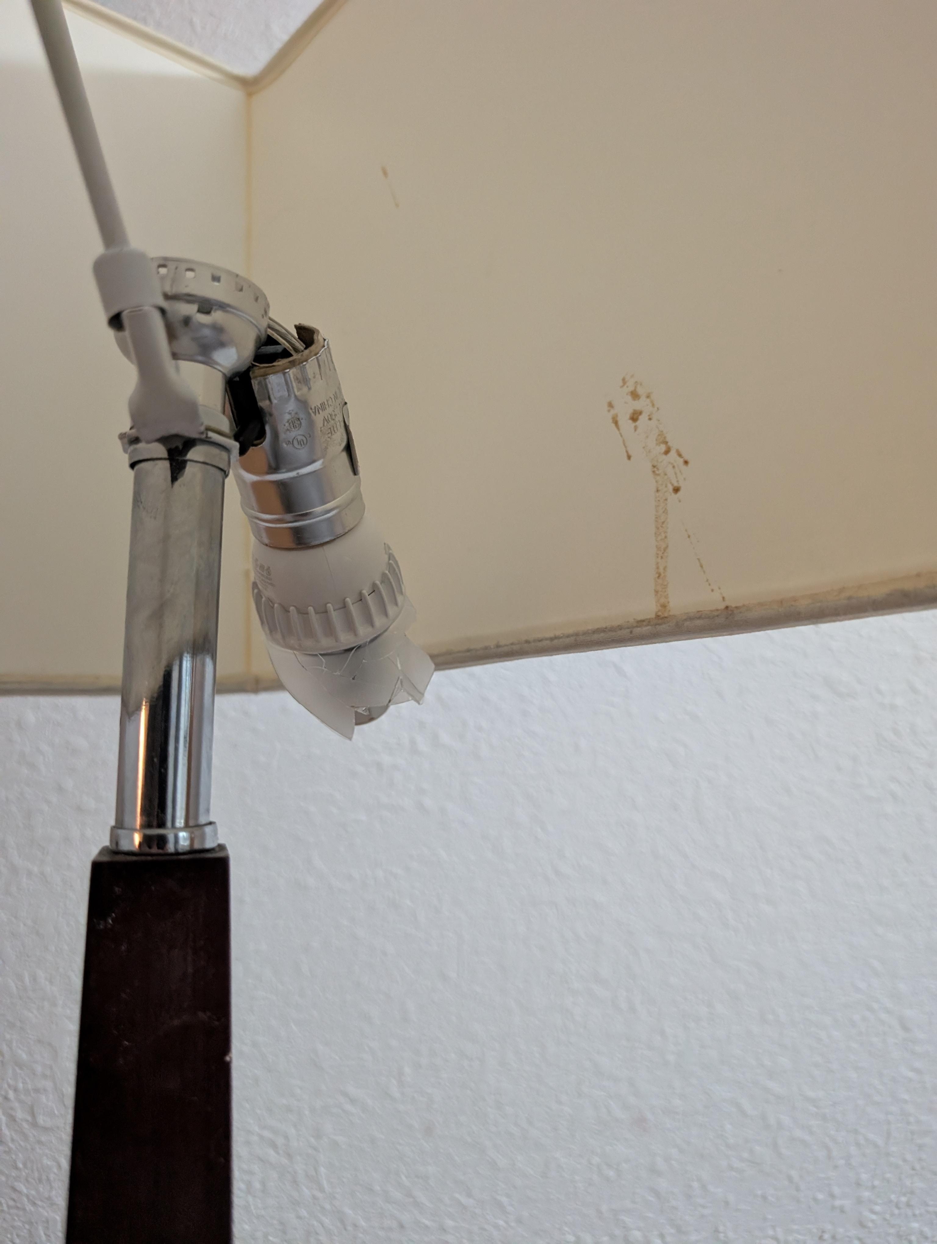 Broken light bulb pieces on the ground too 