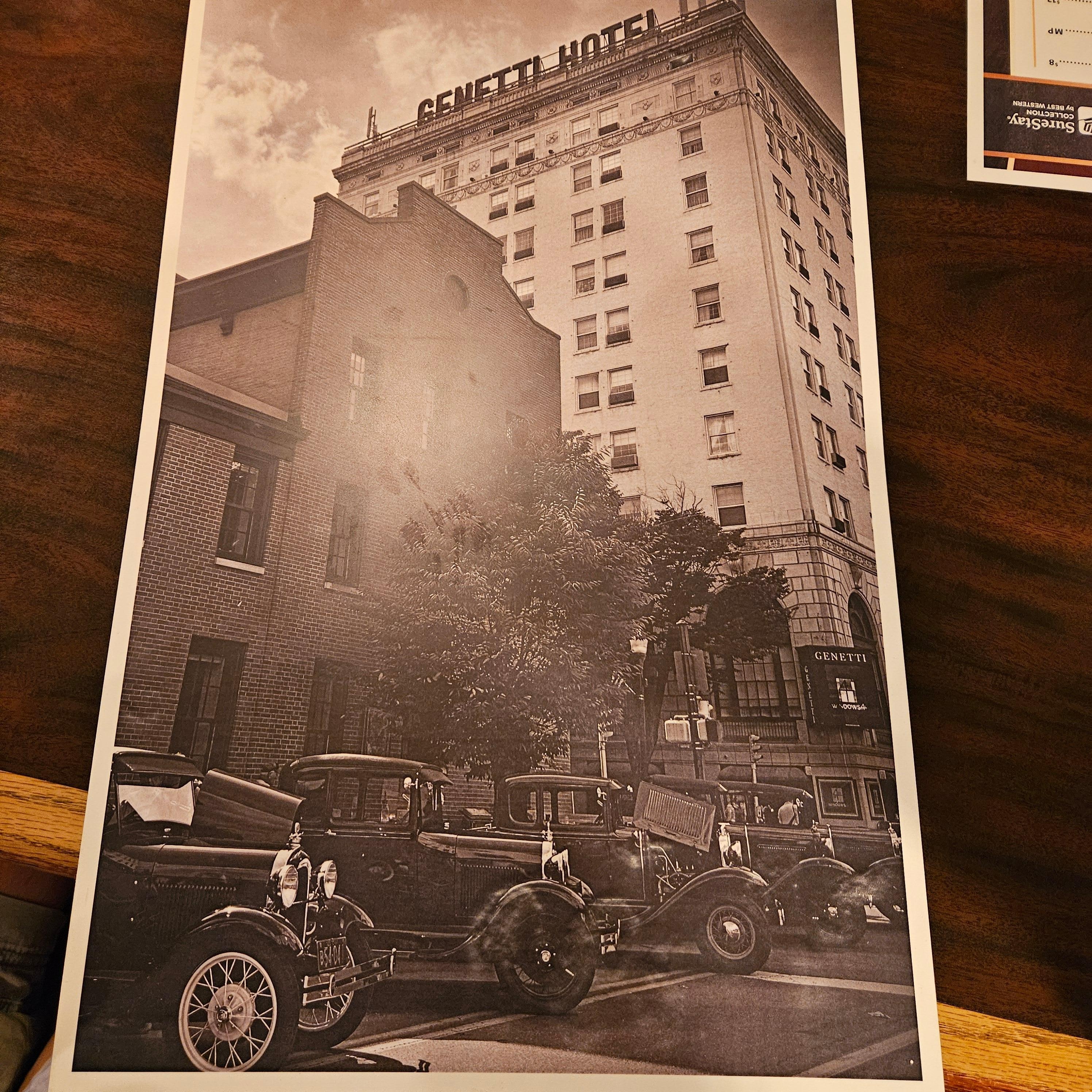 Back of menu for on site restaurant showing the nostalgia of Gennetti Hotel in years past 