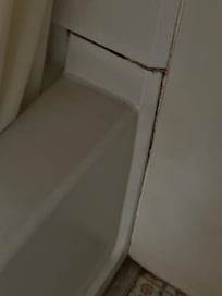 Mold around tub.   Dim light due to bathroom lightbulb need of replacement.