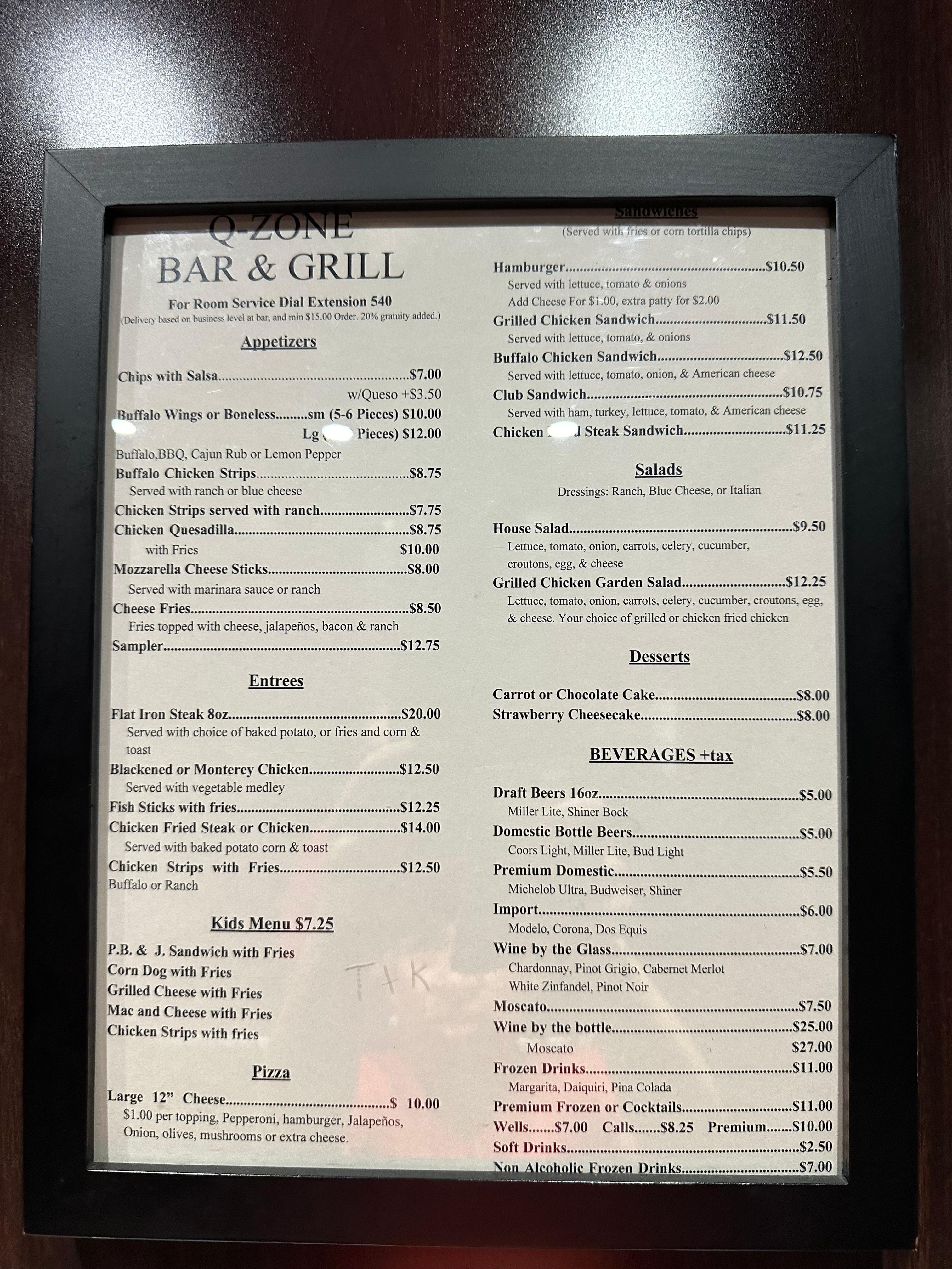 Bar and grill menu