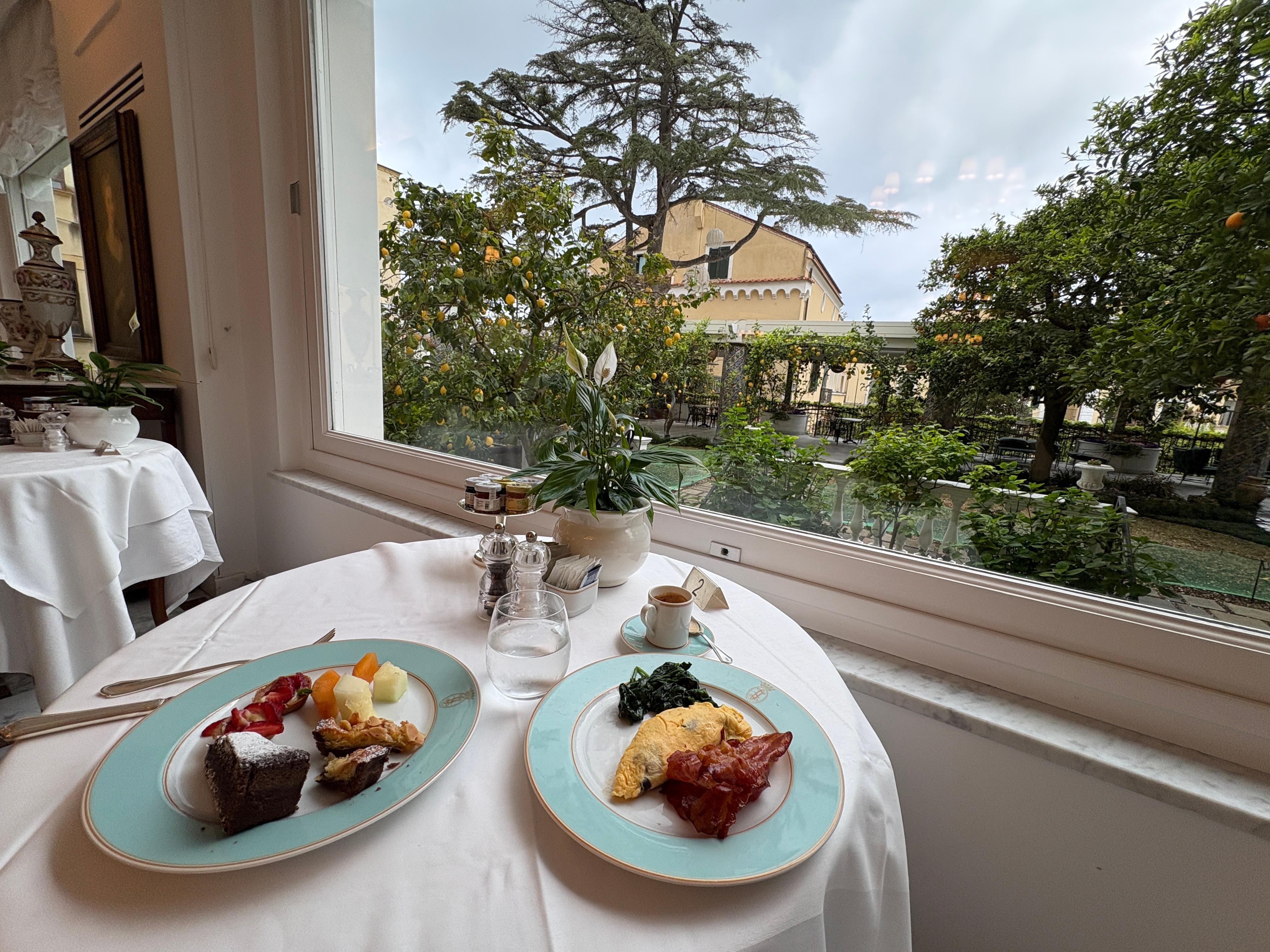 Delicious breakfast with a view of the garden area