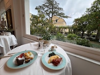 Delicious breakfast with a view of the garden area