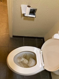 Unflushed and plugged toilet.