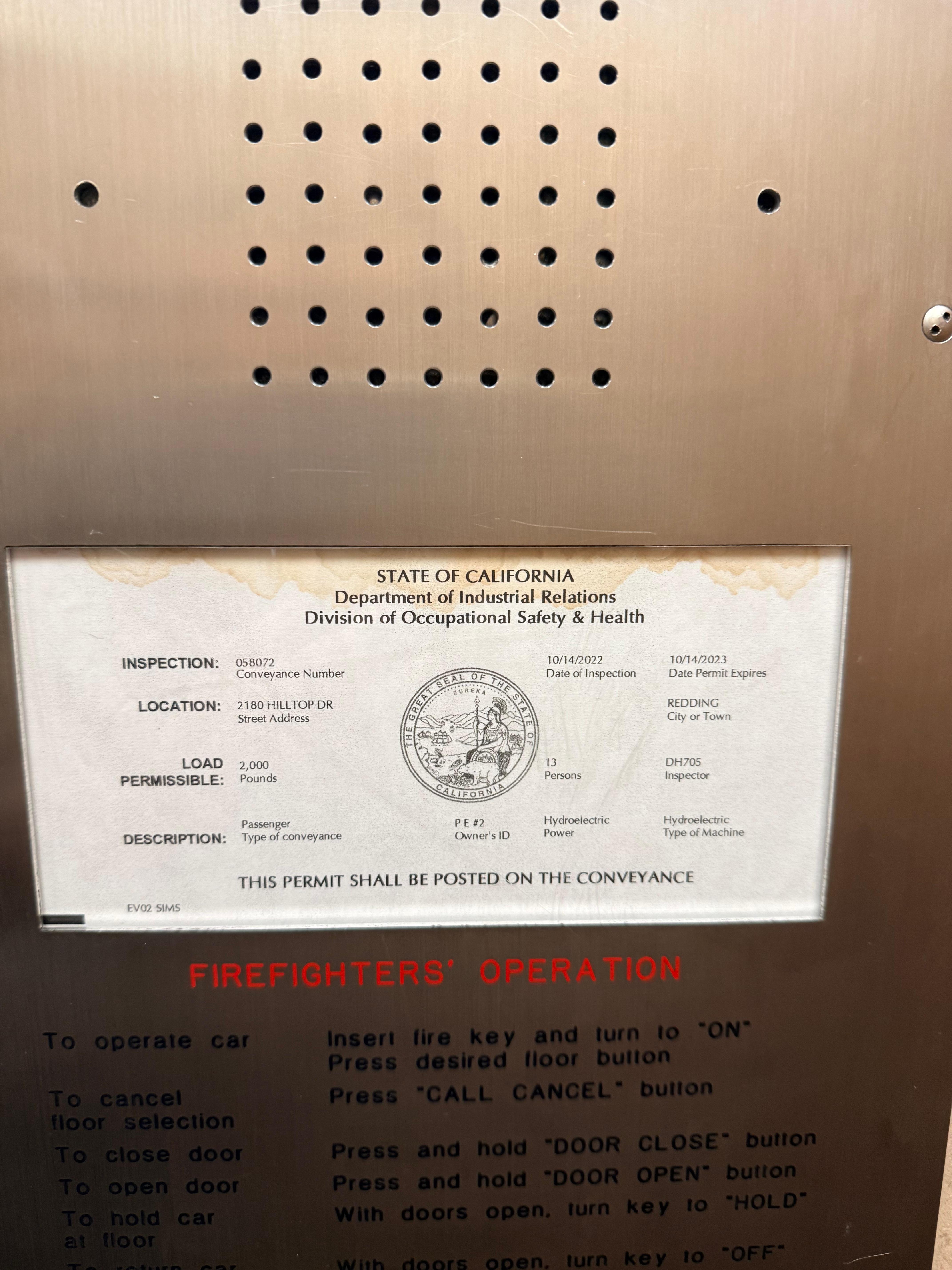 Elevator safety inspection expired (from 2023)