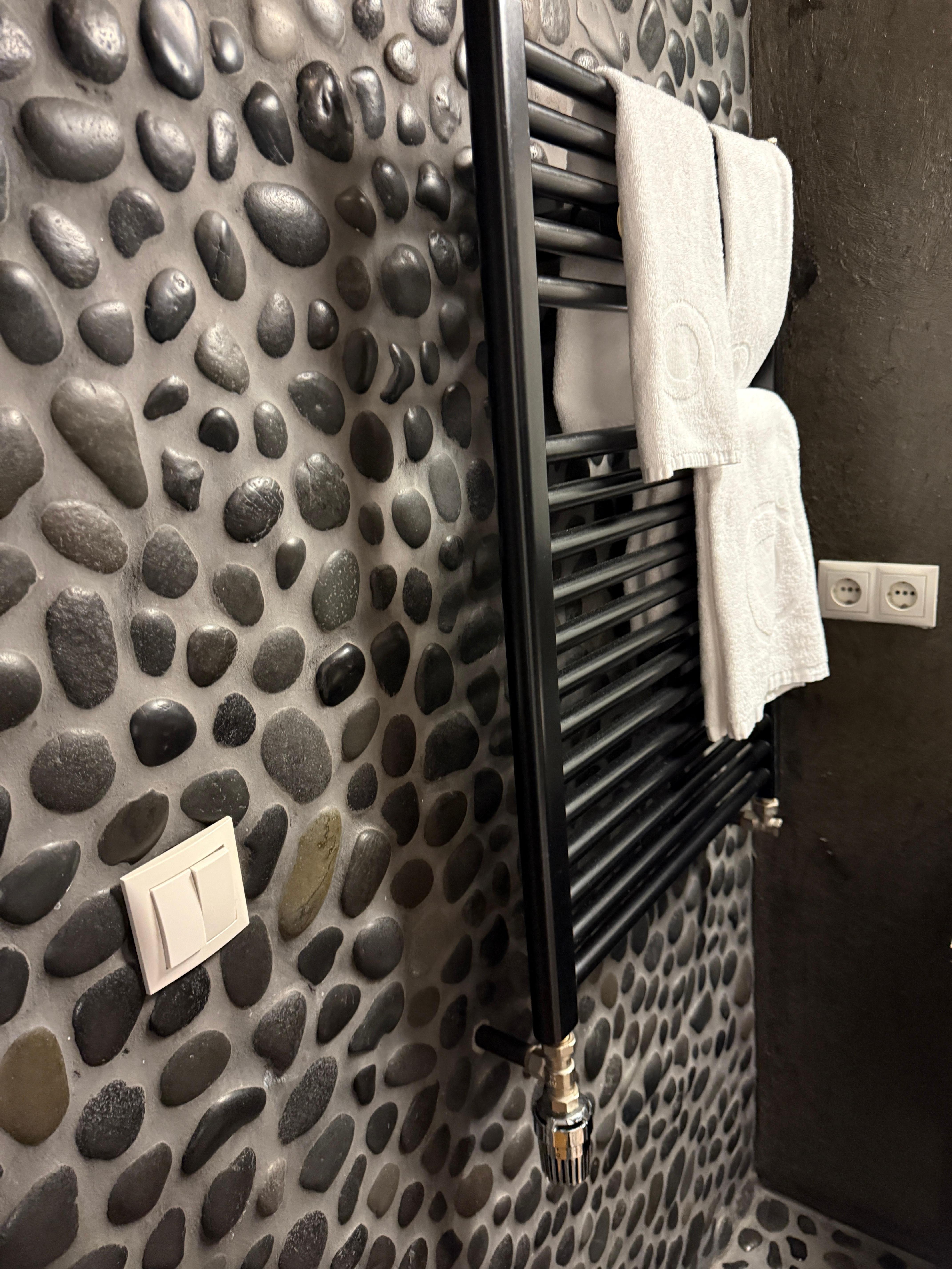 Love the stone shower. Very unique. Towel warmer on when we arrived was a special touch. 