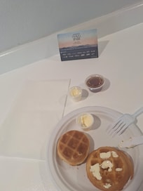 No meat or eggs. Make your own waffles only. Great value brand yogurt for protein