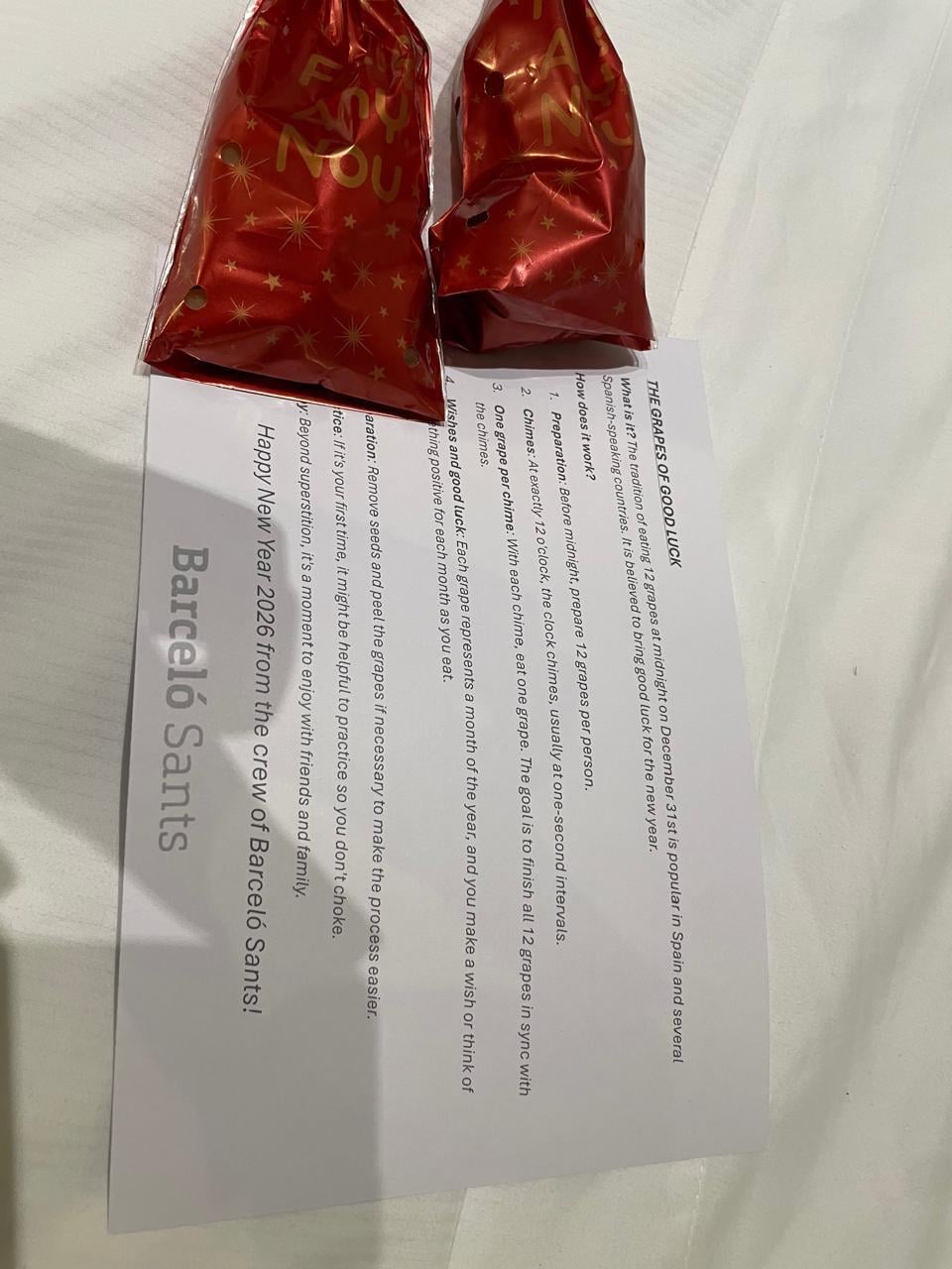 Pacotes de uvas que cada hóspede ganha na virada do dia 31 para dia 01! 