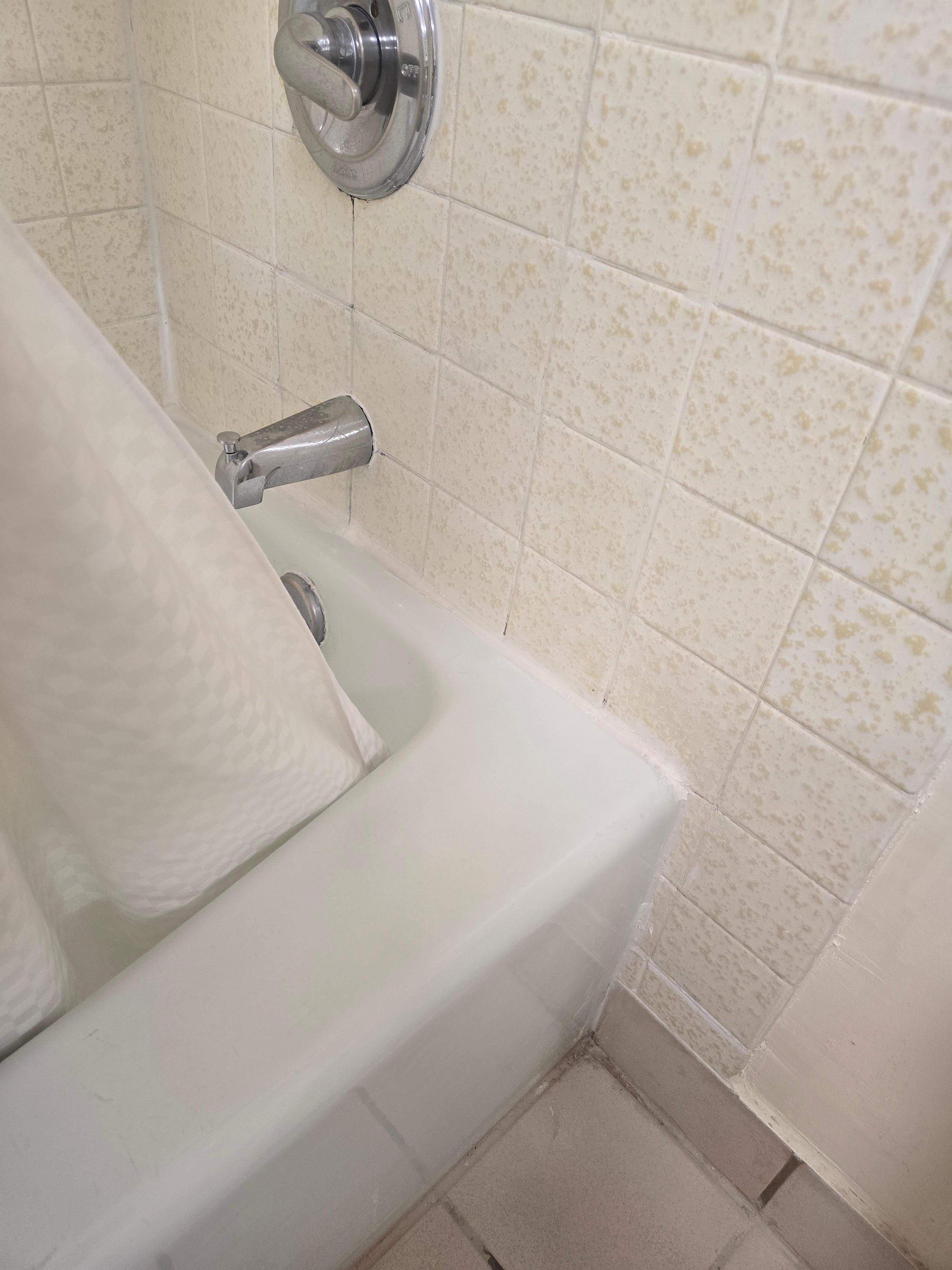 Bathroom floor area still dirty, needs a deep clean. 