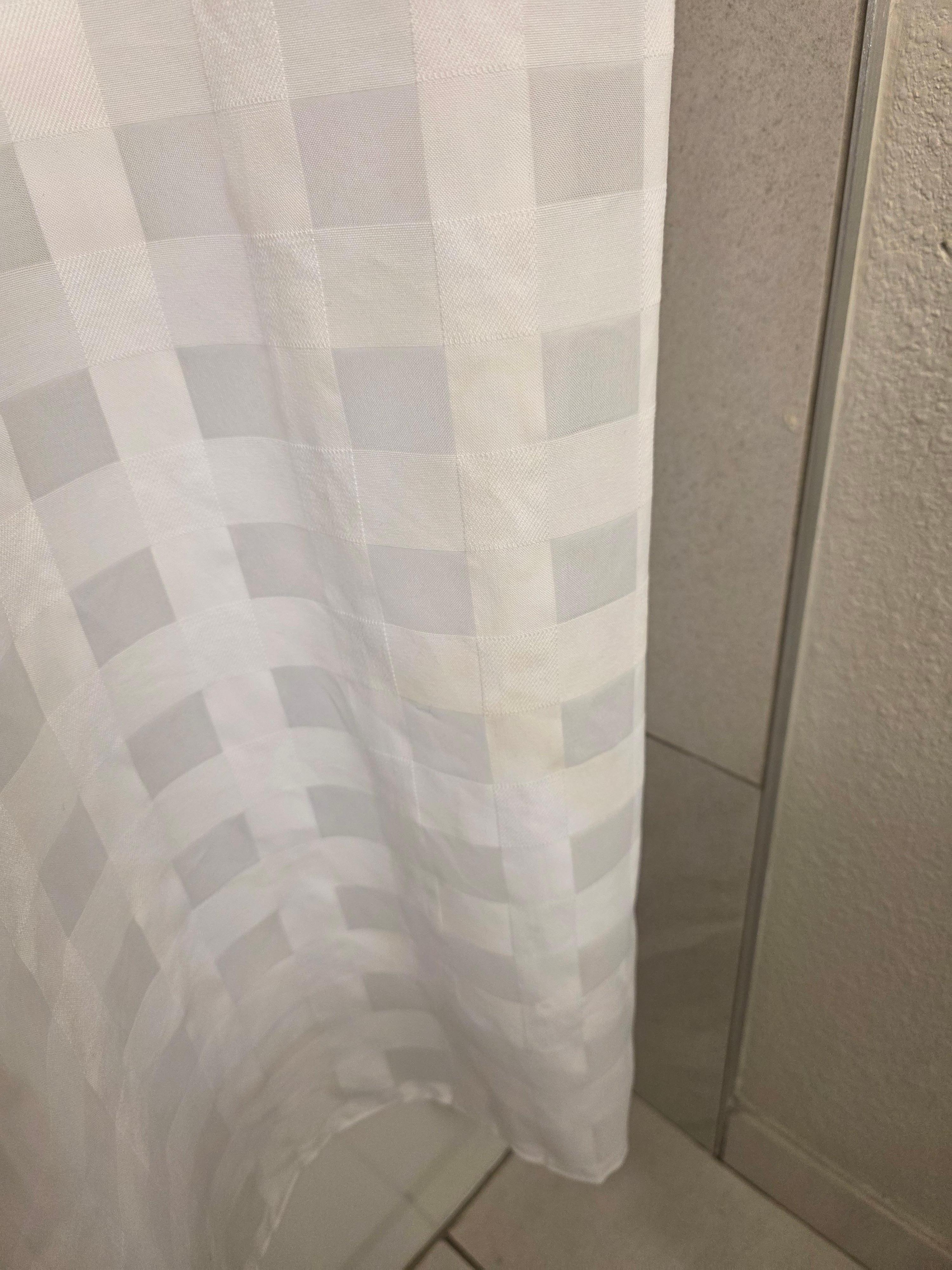Visible urine on shower curtain and floor