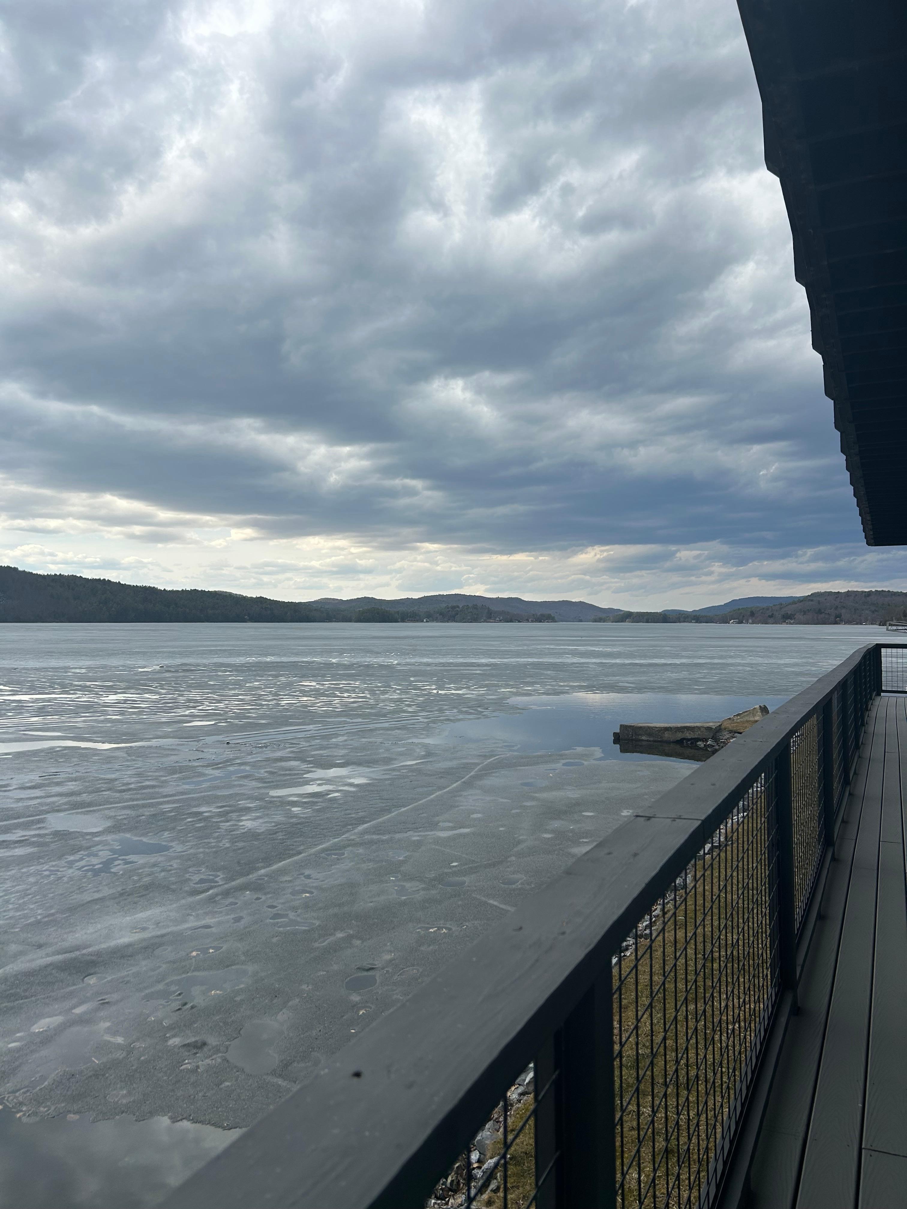 View of frozen lake from balcony