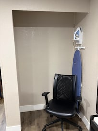 No way to hang clothes and no desk to sit at