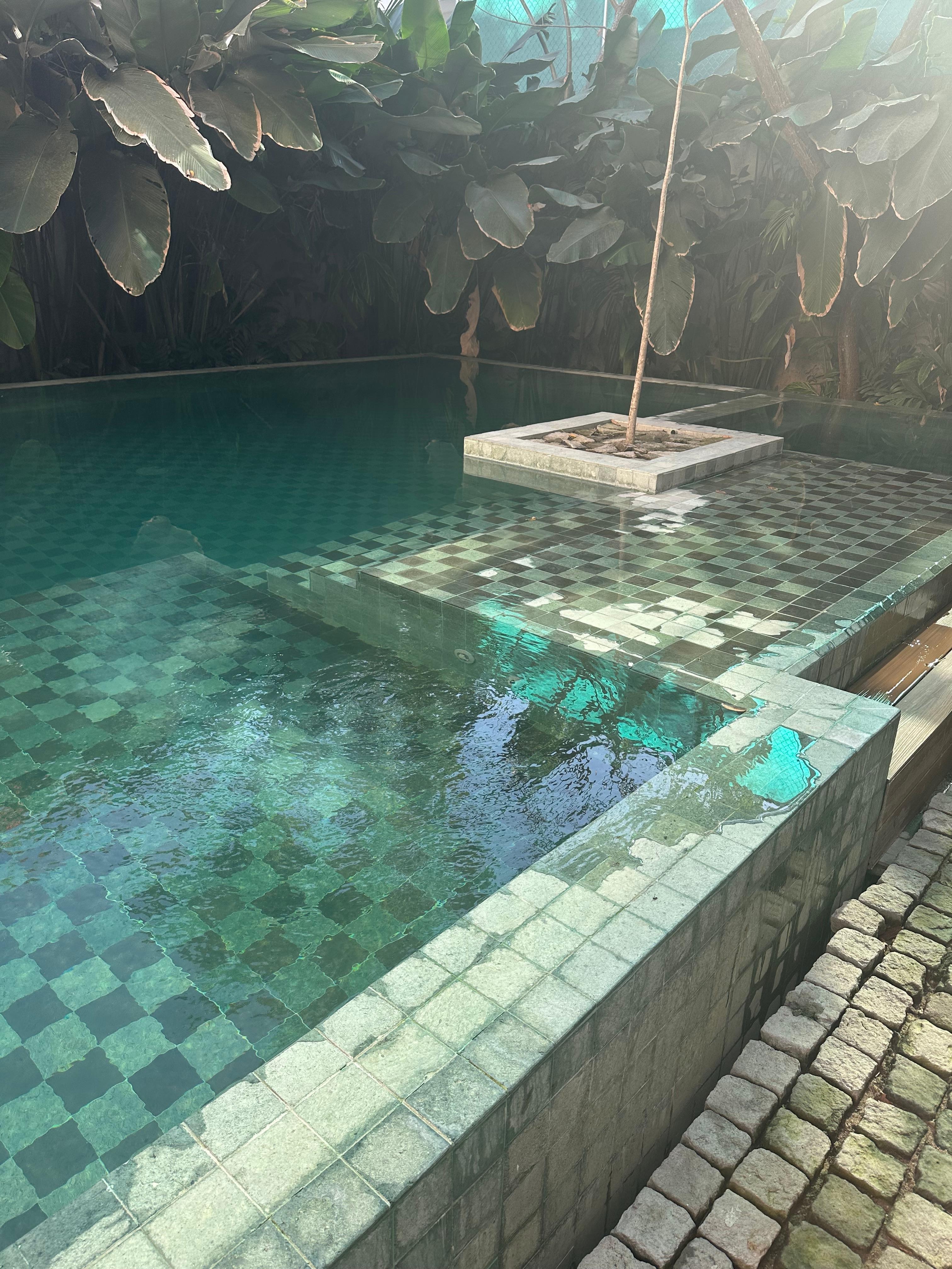 note the submerged stairs with nothing to hold.