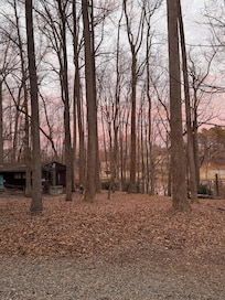 Outside with the cabin on the left. Beautiful scenery overlooking a pond.