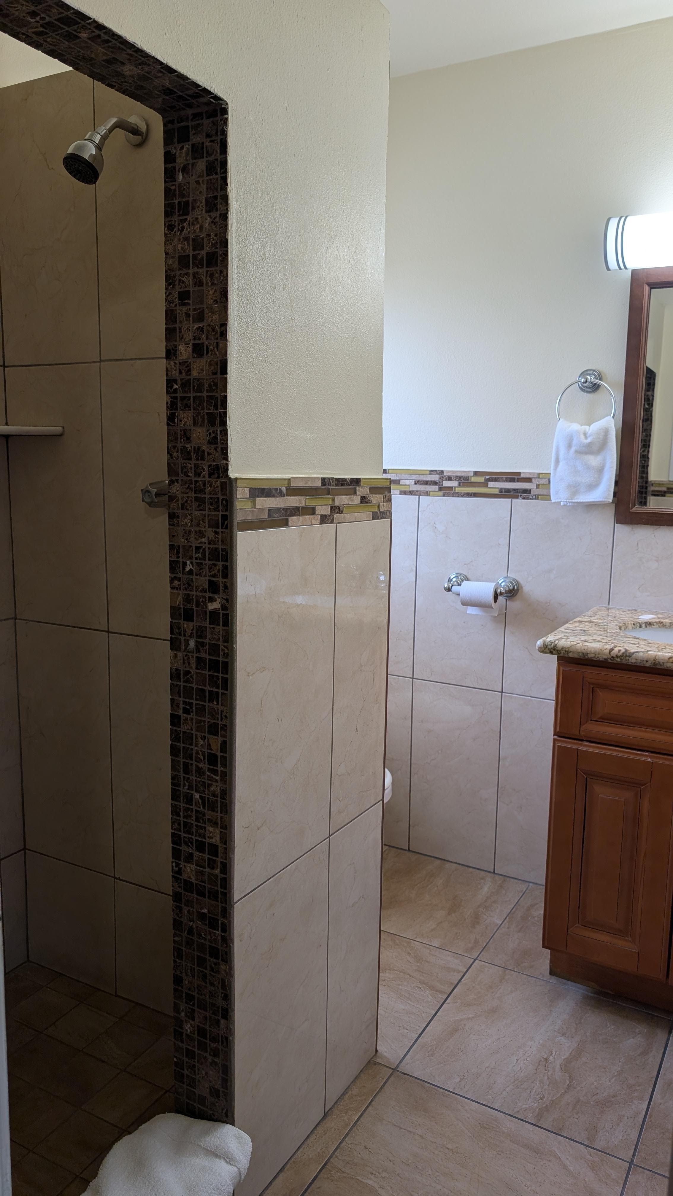 Bathroom with shower, sink and toilet