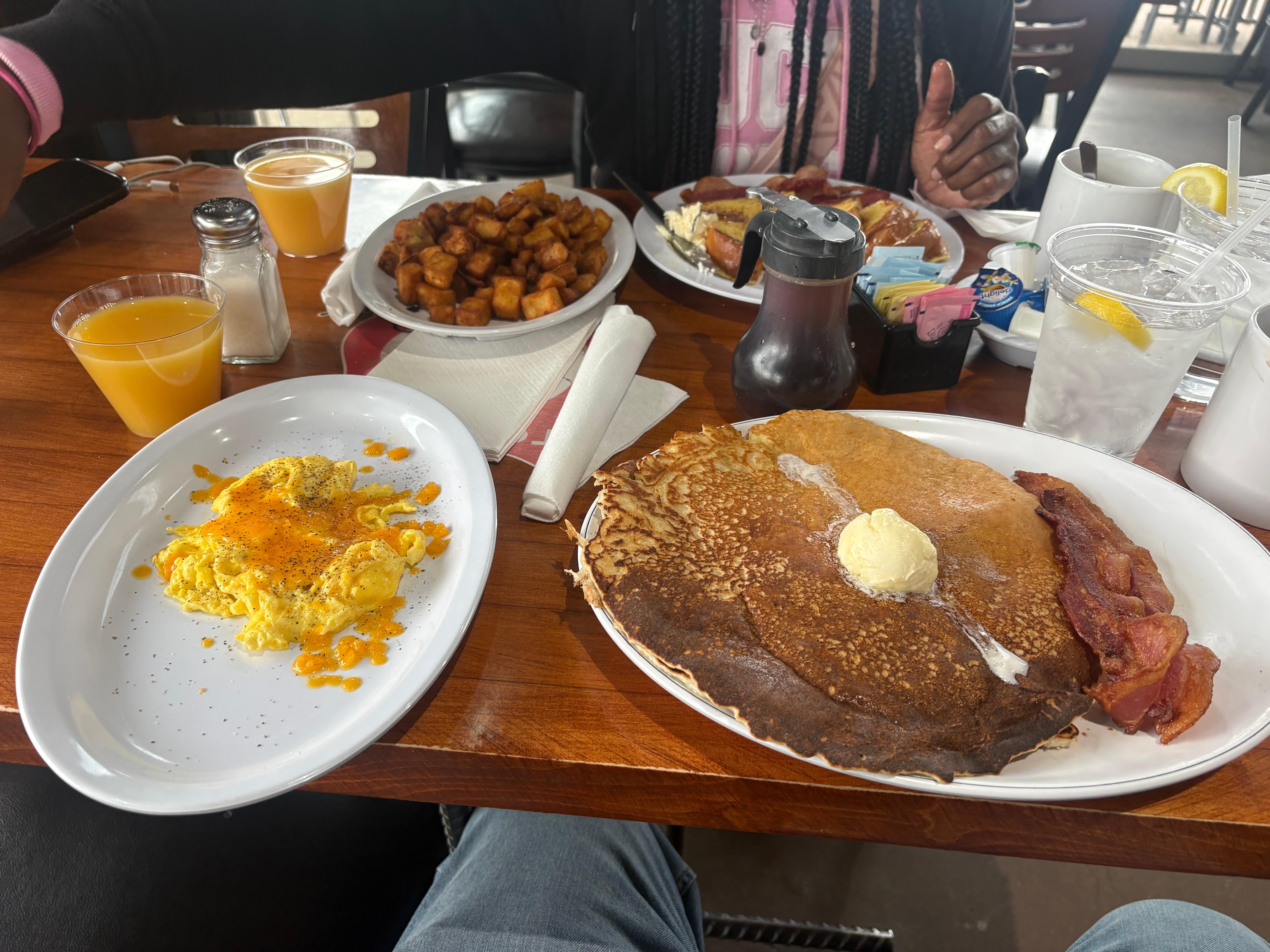 Huge pancakes from restaurant onsite