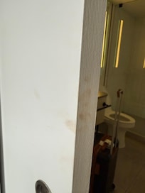 Hand prints on bathroom door