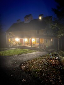 Outside, but it was very foggy and it started to snow when we were there.