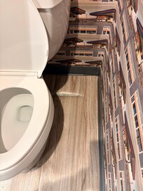 Vinyl plank flooring buckling from a water leak at some point. water weeped up from underneath the tile in bathroom area by the shower and around the toilet.