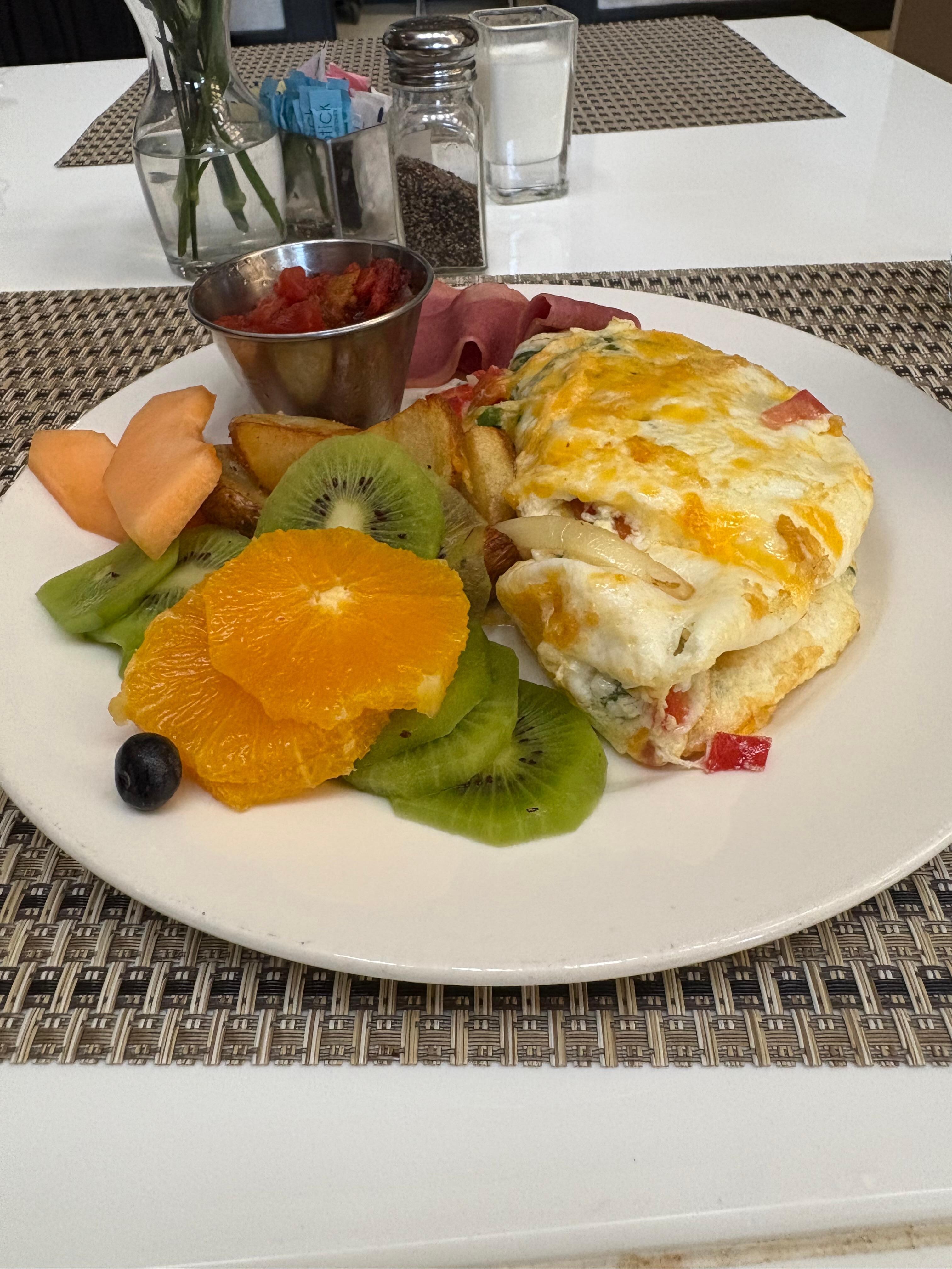 The Hotel has a restaurant that serves a good breakfast on the lobby floor. The omelettes are amazing! 