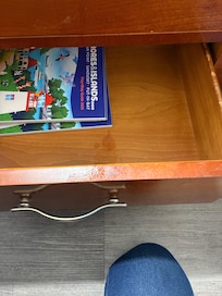 Something was spilled on this bedside table and never cleaned up..
gross!