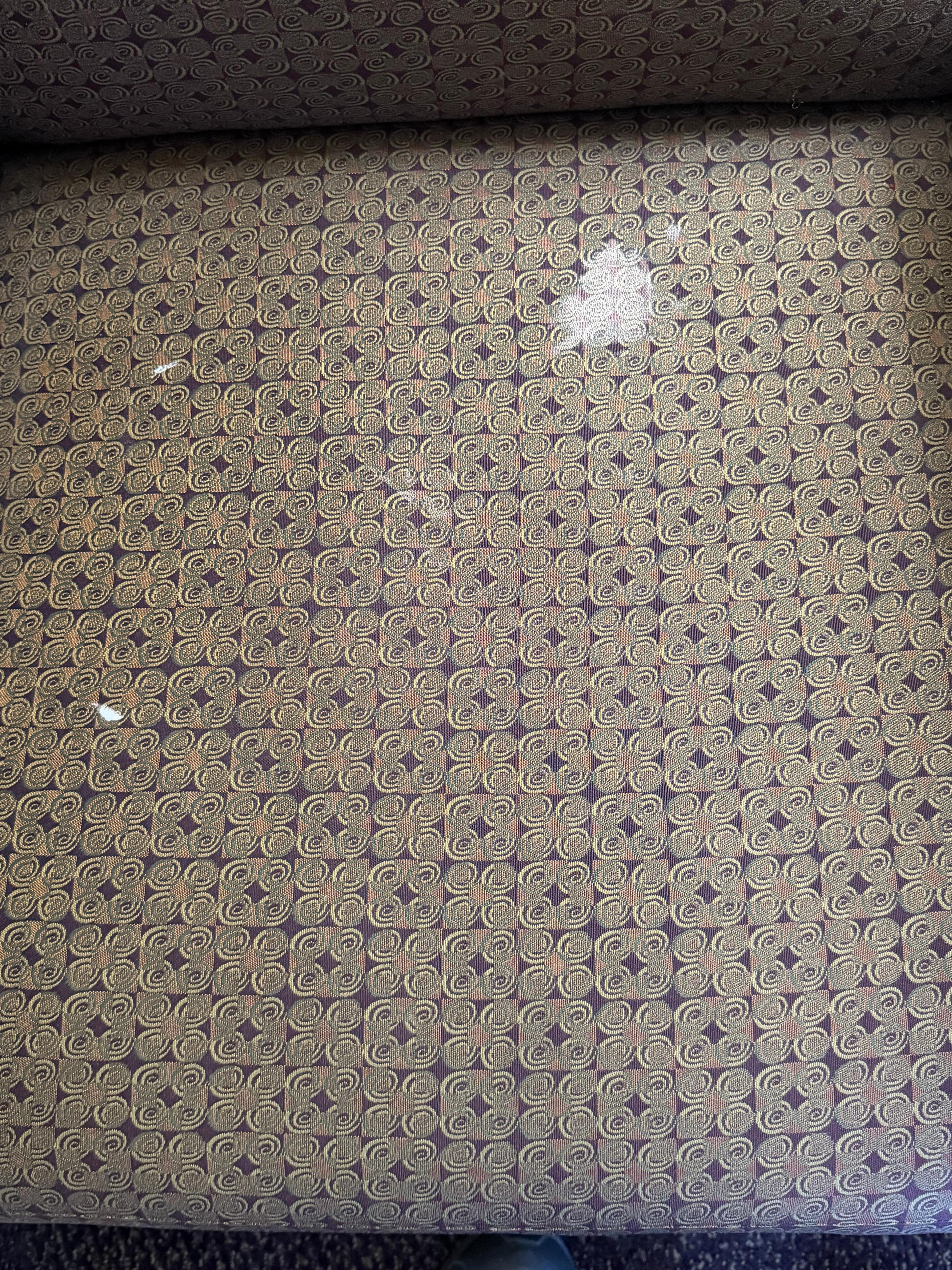 Nasty looking stain on upholstery chair in room. It was bigger and grosser looking than photo portrays it