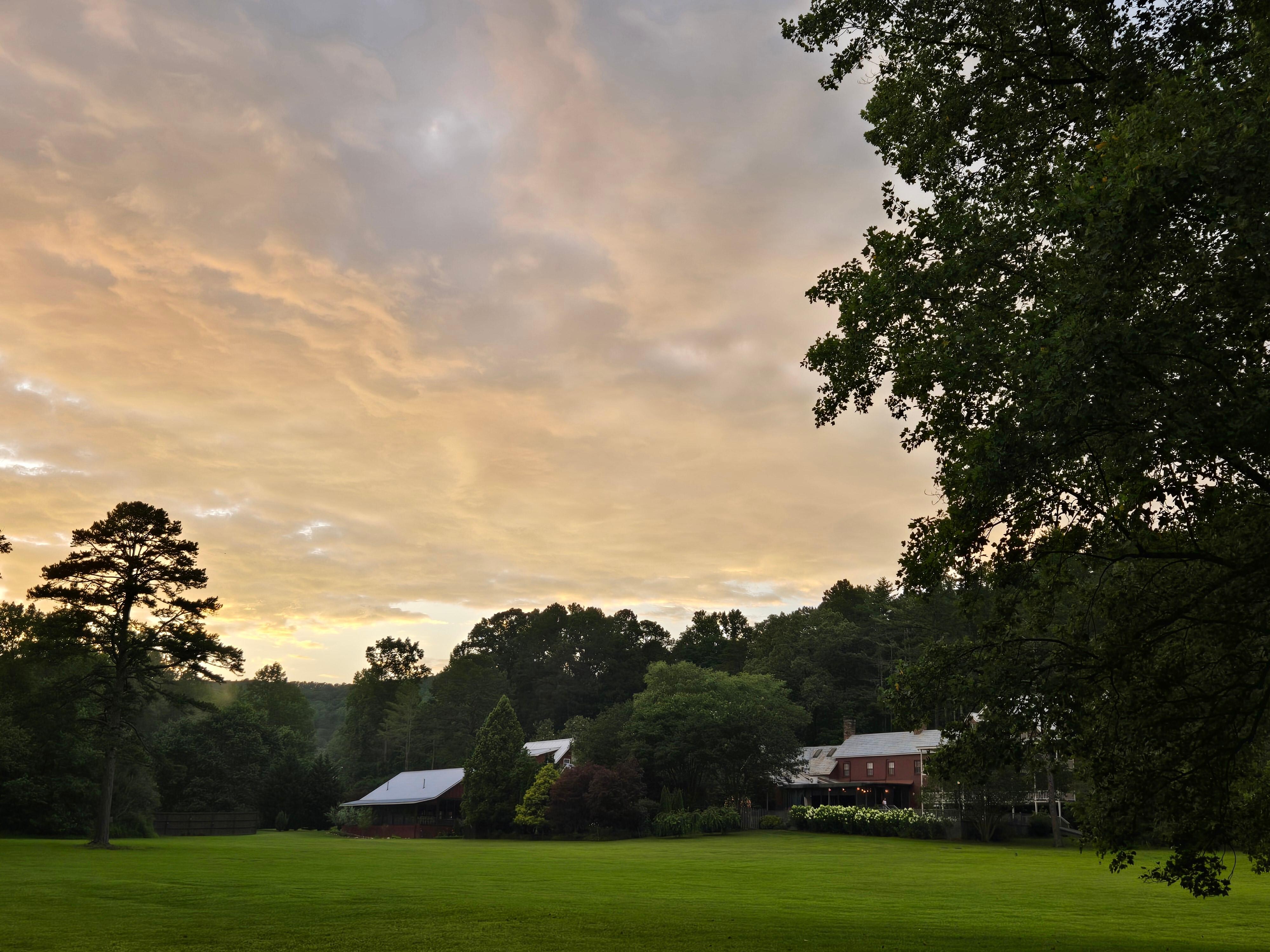 View of the rear of the hotel from the back of the field.