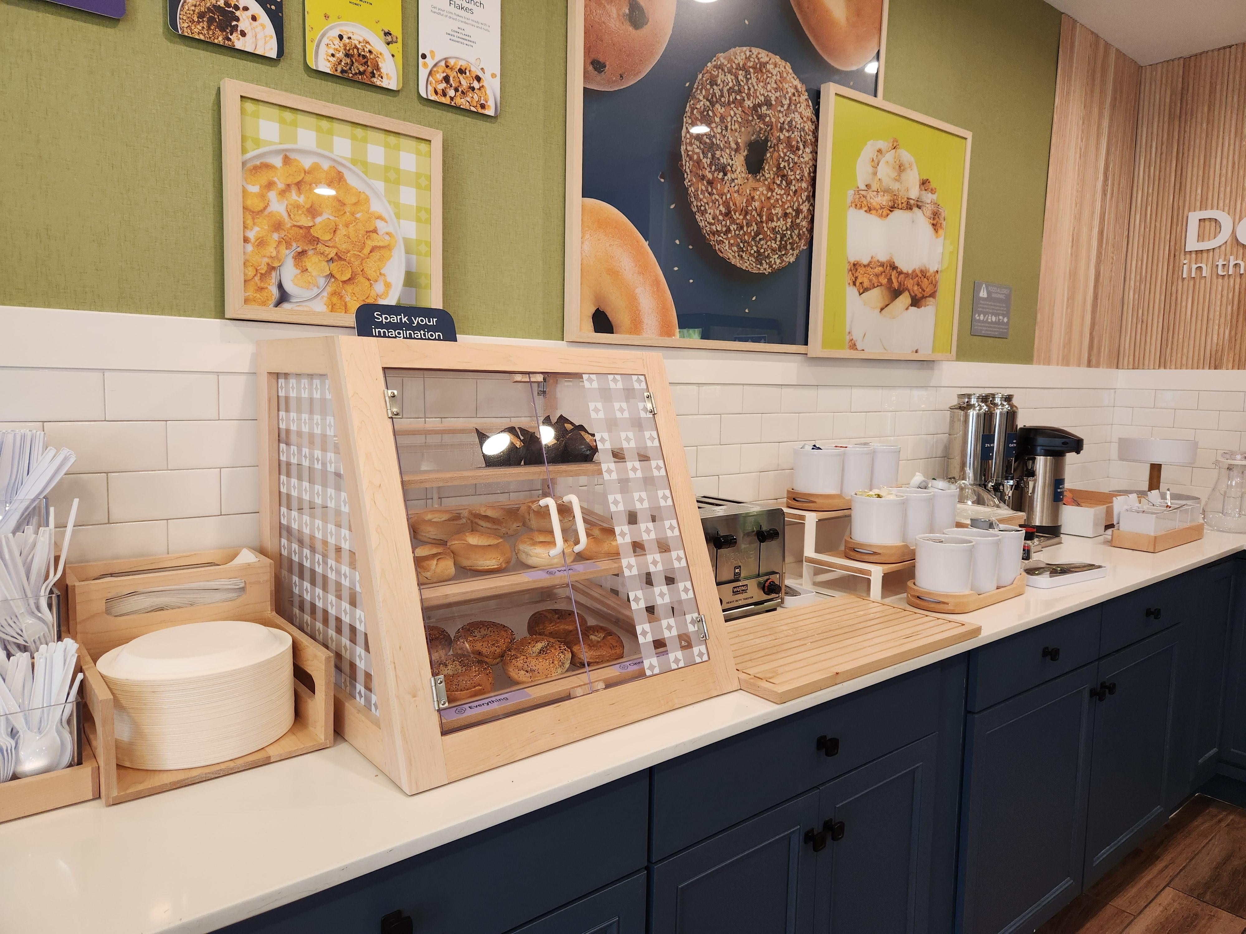 Breakfast was boiled eggs, bagels, oatmeal, pastries, cold cereal, fruit and juice. 