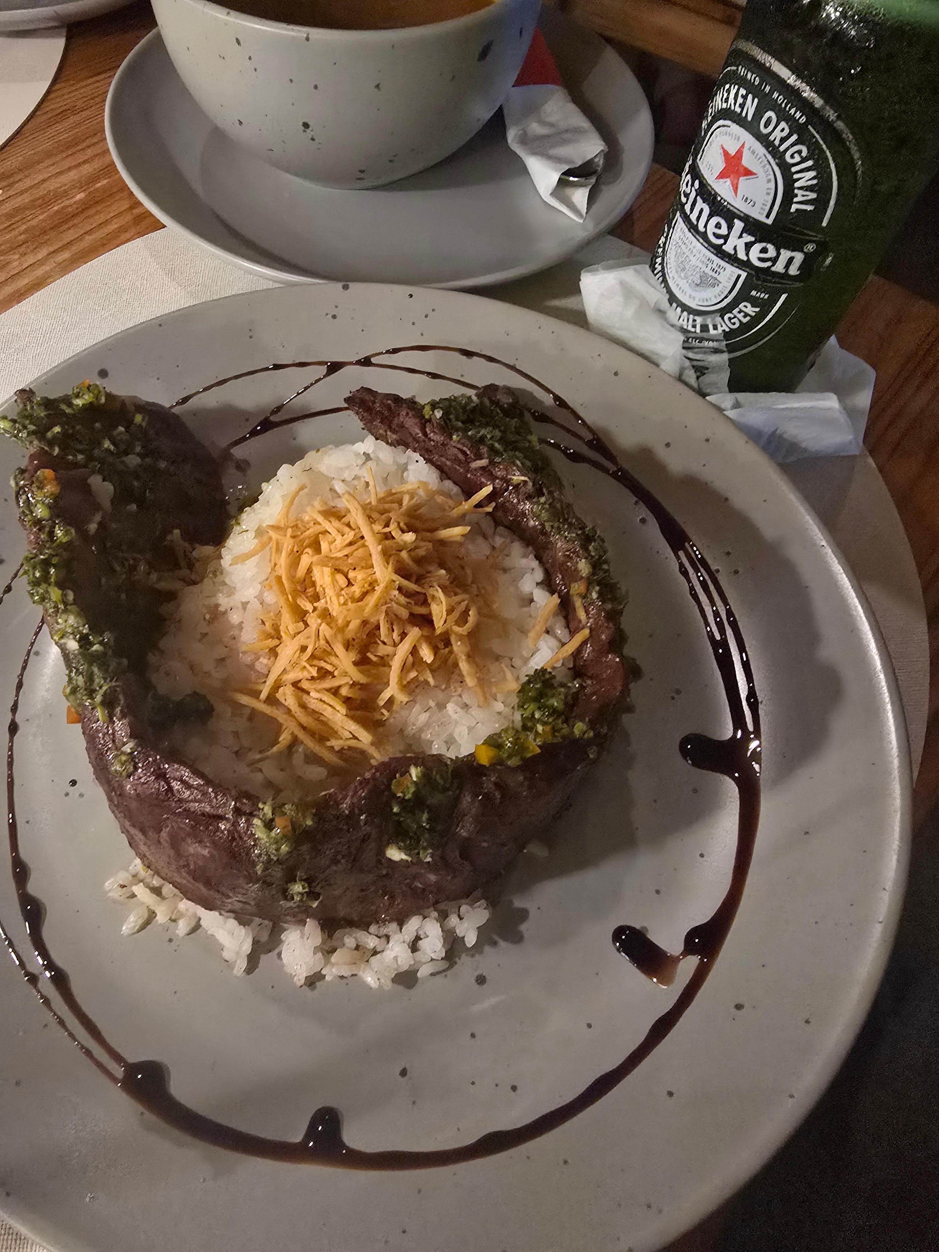 Flank steak with rice and beans