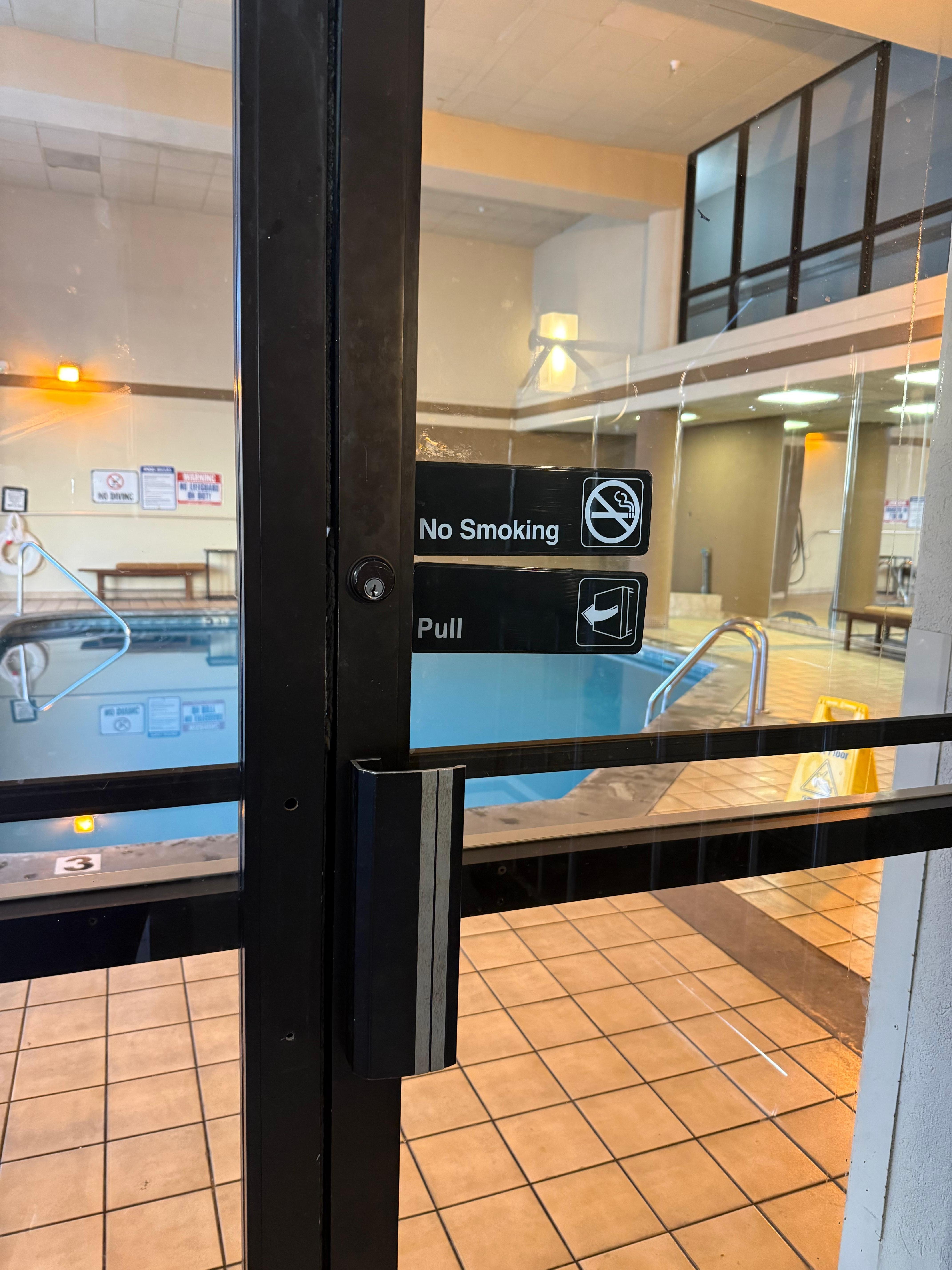 No smoking even tho the room and the pool area smelled heavily like smoke; as it much be coming thru the ventilation. 