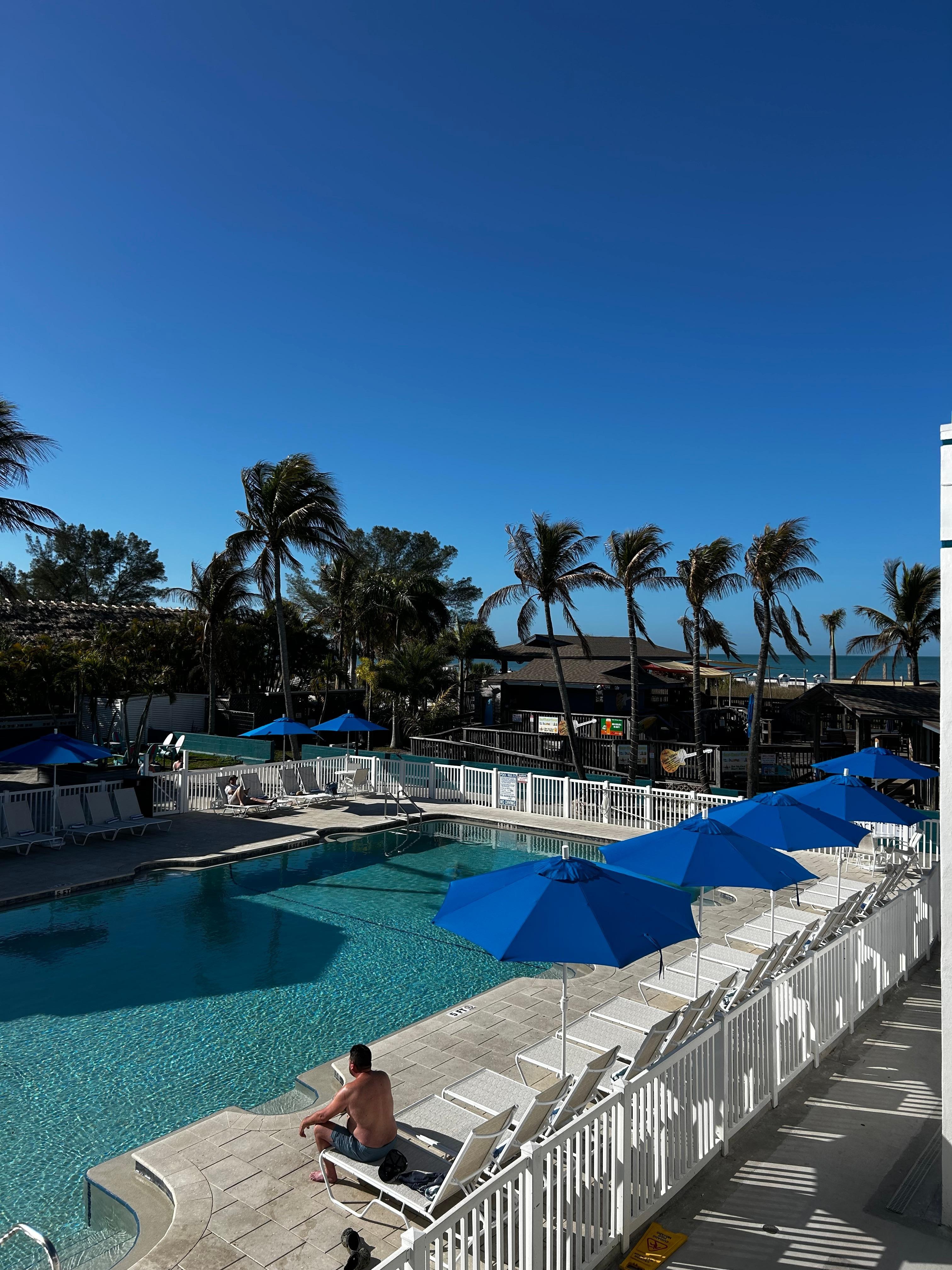 Pool view from our balcony with the beach and Jimmy B’s in the background…