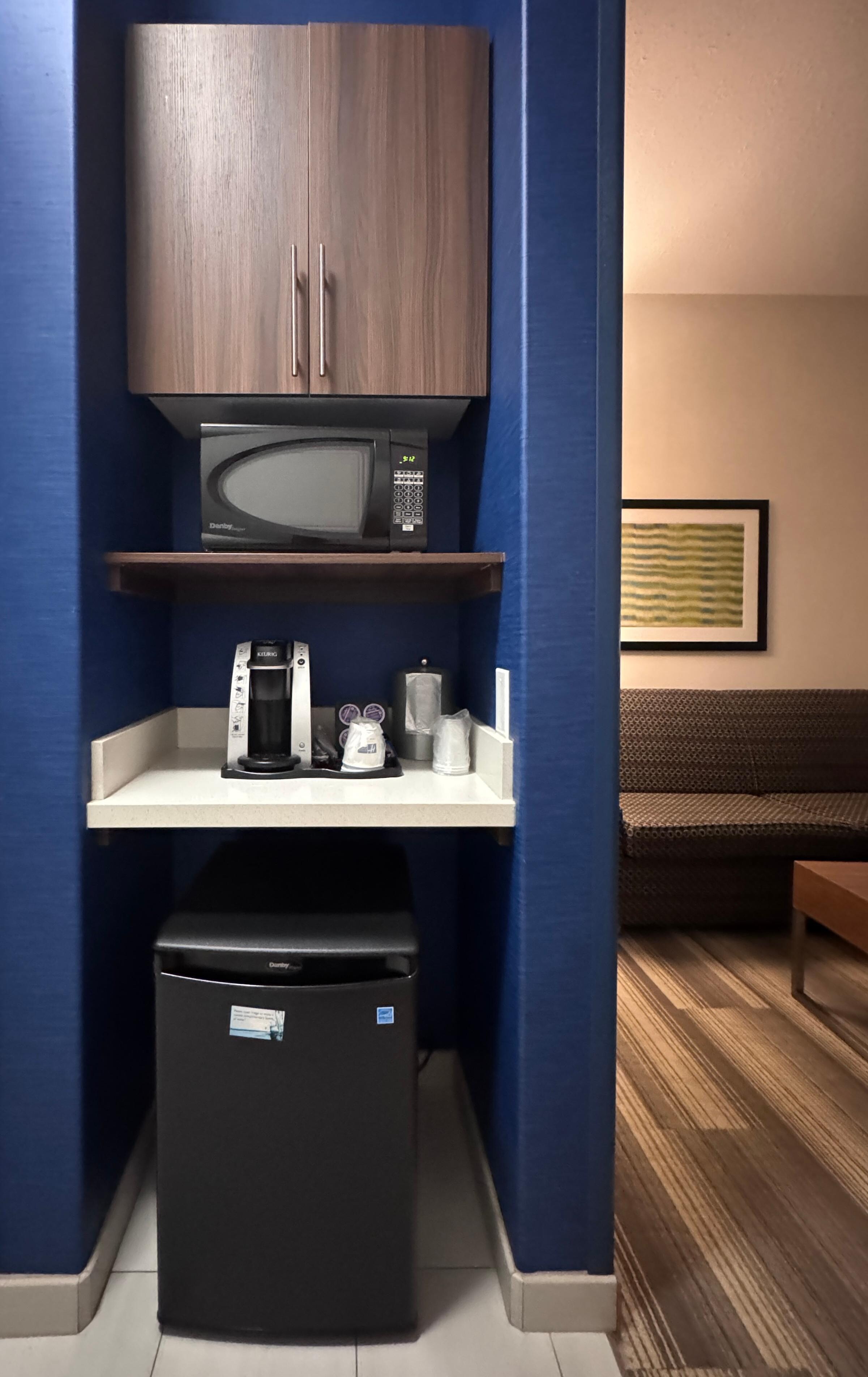 In room microwave, coffee and fridge