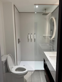 no door on shower area, which resulting all water to come out on floor while taking shower, danger to slip n fall.