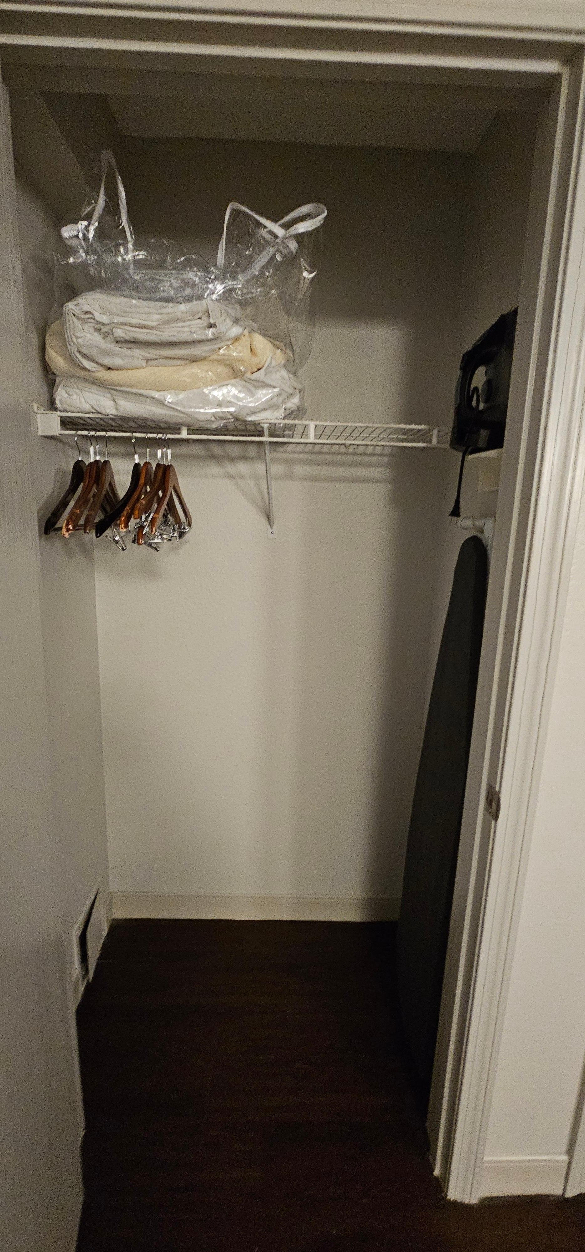 Closet by door. Bedding for sofa bed and iron.