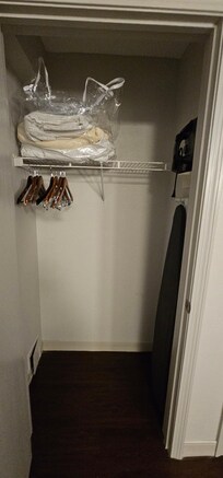 Closet by door. Bedding for sofa bed and iron.