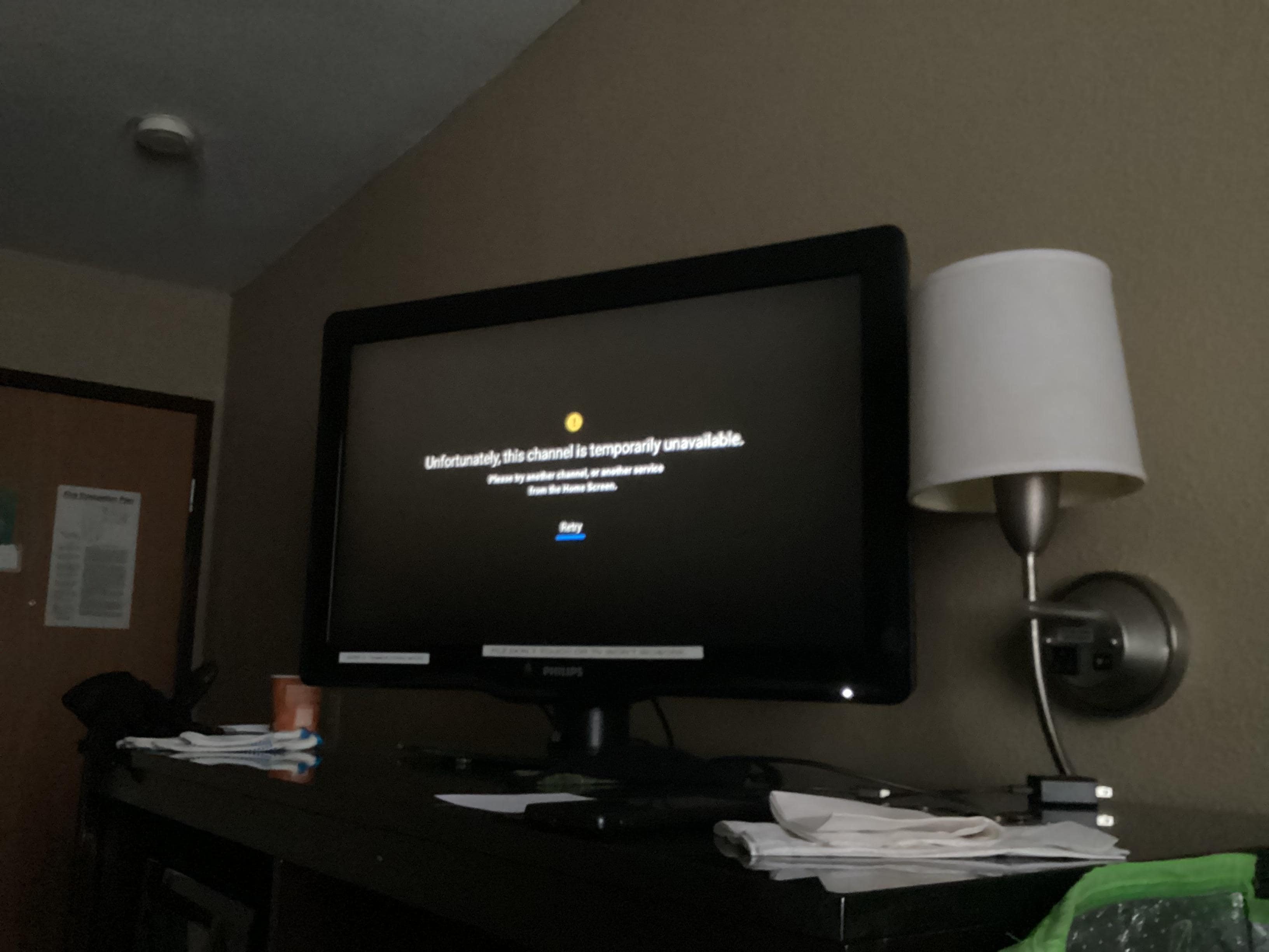 One of many TV channels not receiving a signal due to the dish being covered with snow.  