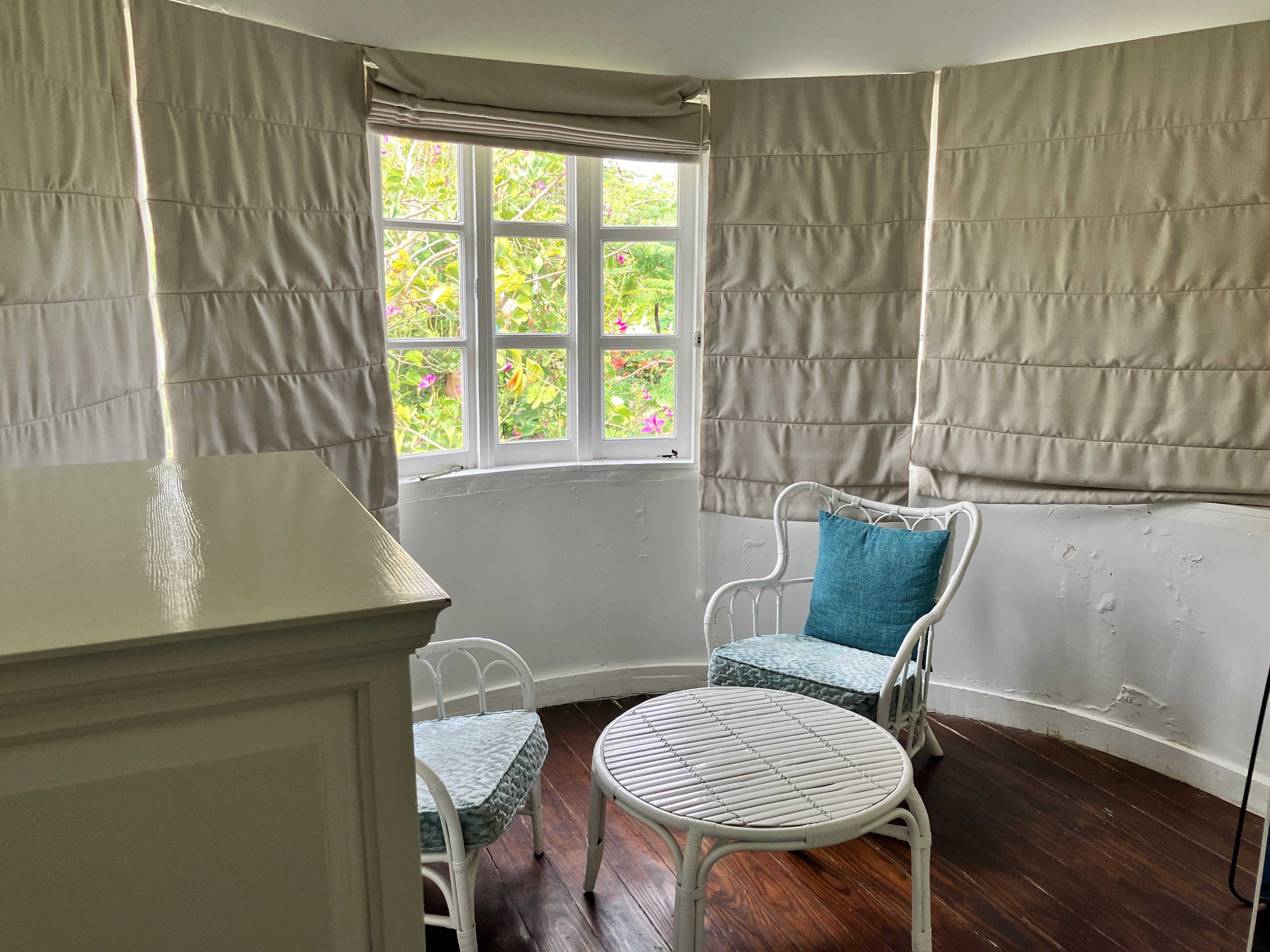 Sitting room in bedroom with a gorgeous tree that we call an orchid tree. There’s also a closet and huge dresser in that area.