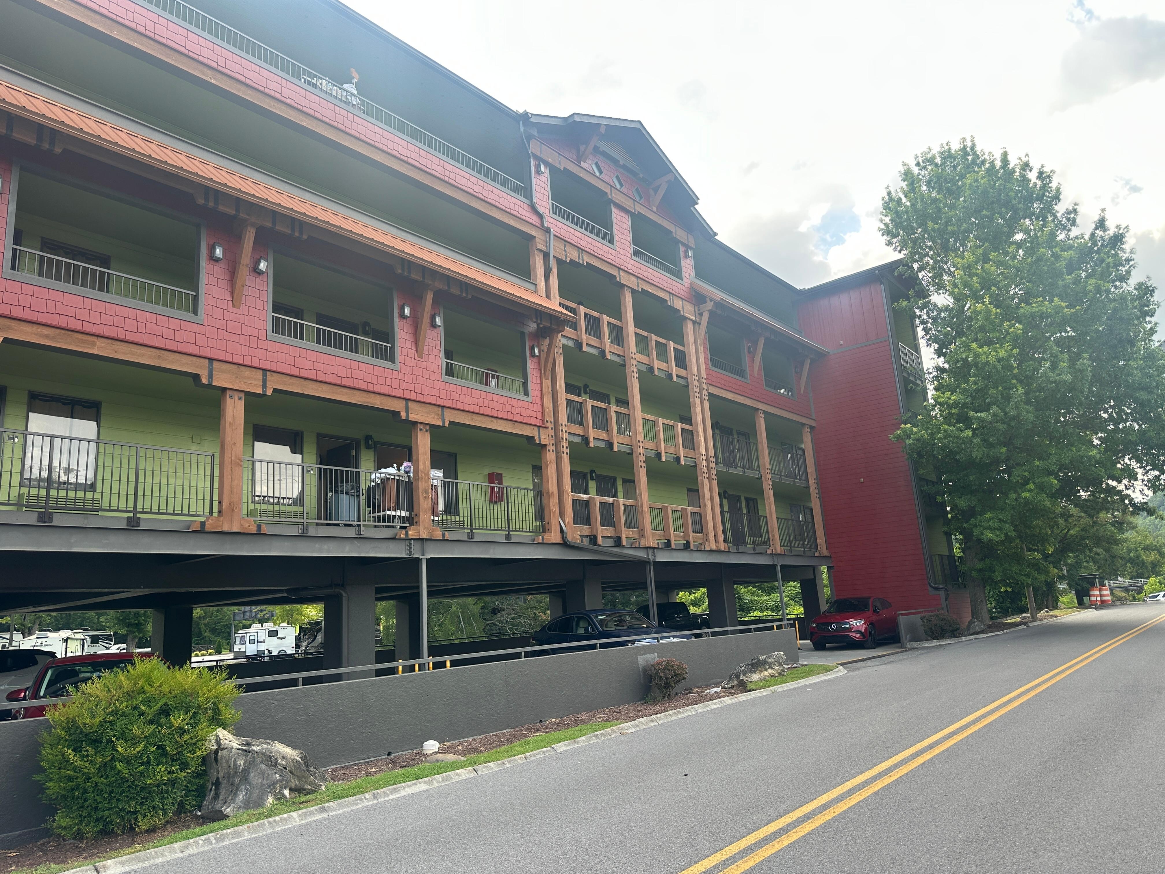Outside of building. Covered parking on one building.