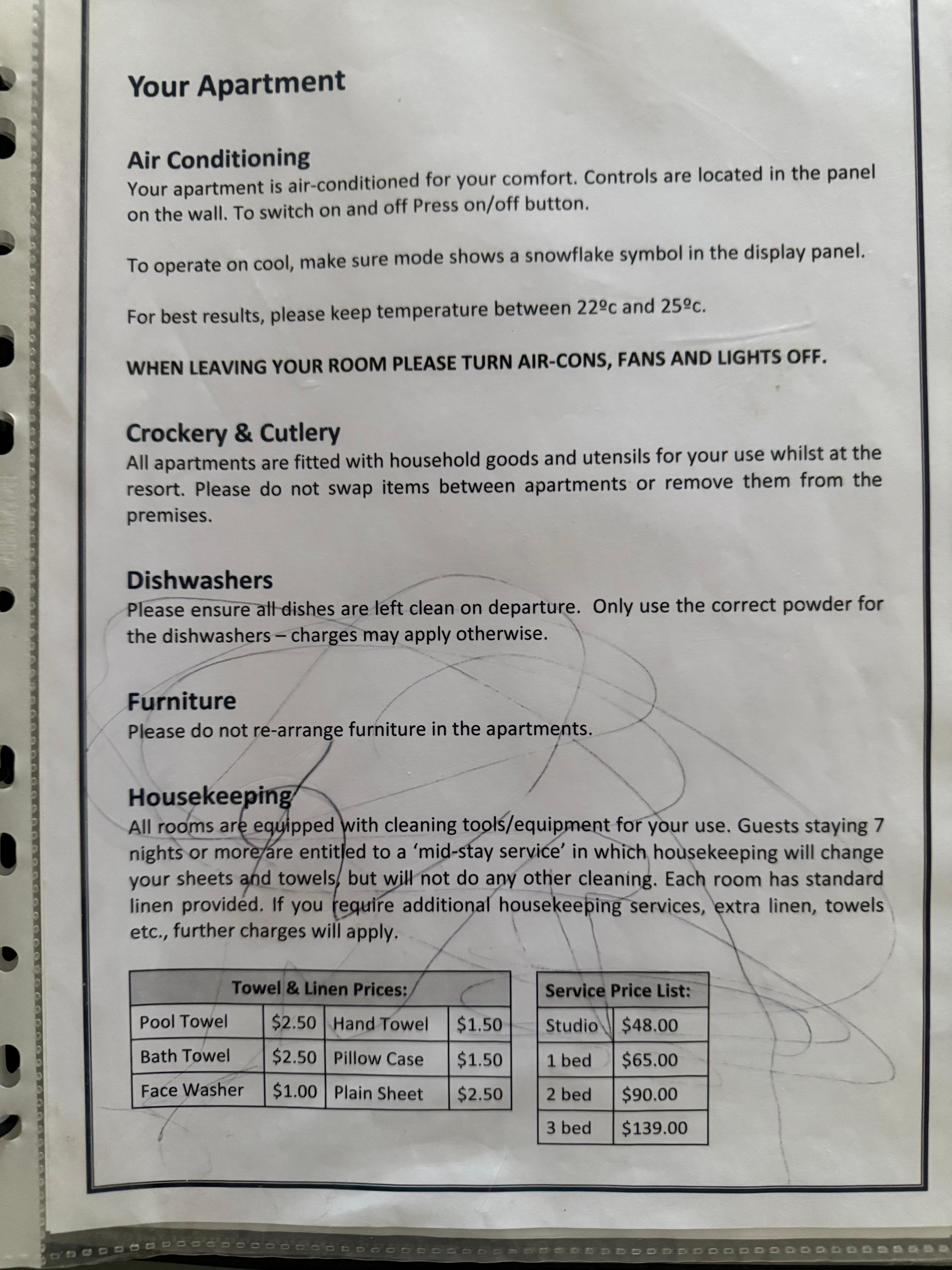 One of the pages in the "hotel guest rule book". 
The extra costs for additional bits and pieces. 
