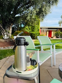 Having morning coffee poolside provided by the management to their guests without asking for it was so wonderful and a delightful surprise.