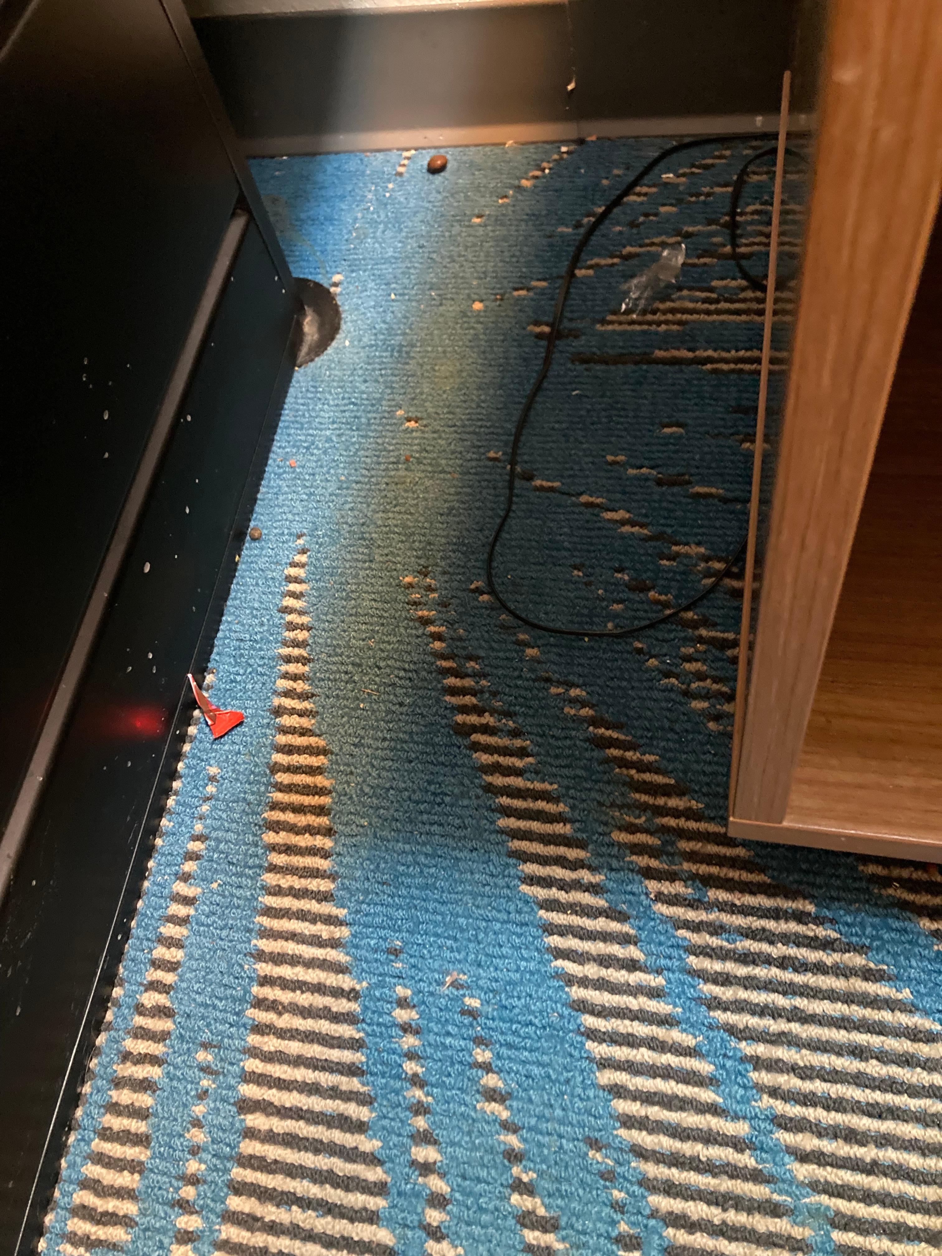 Trash on the floor under the side of the bed