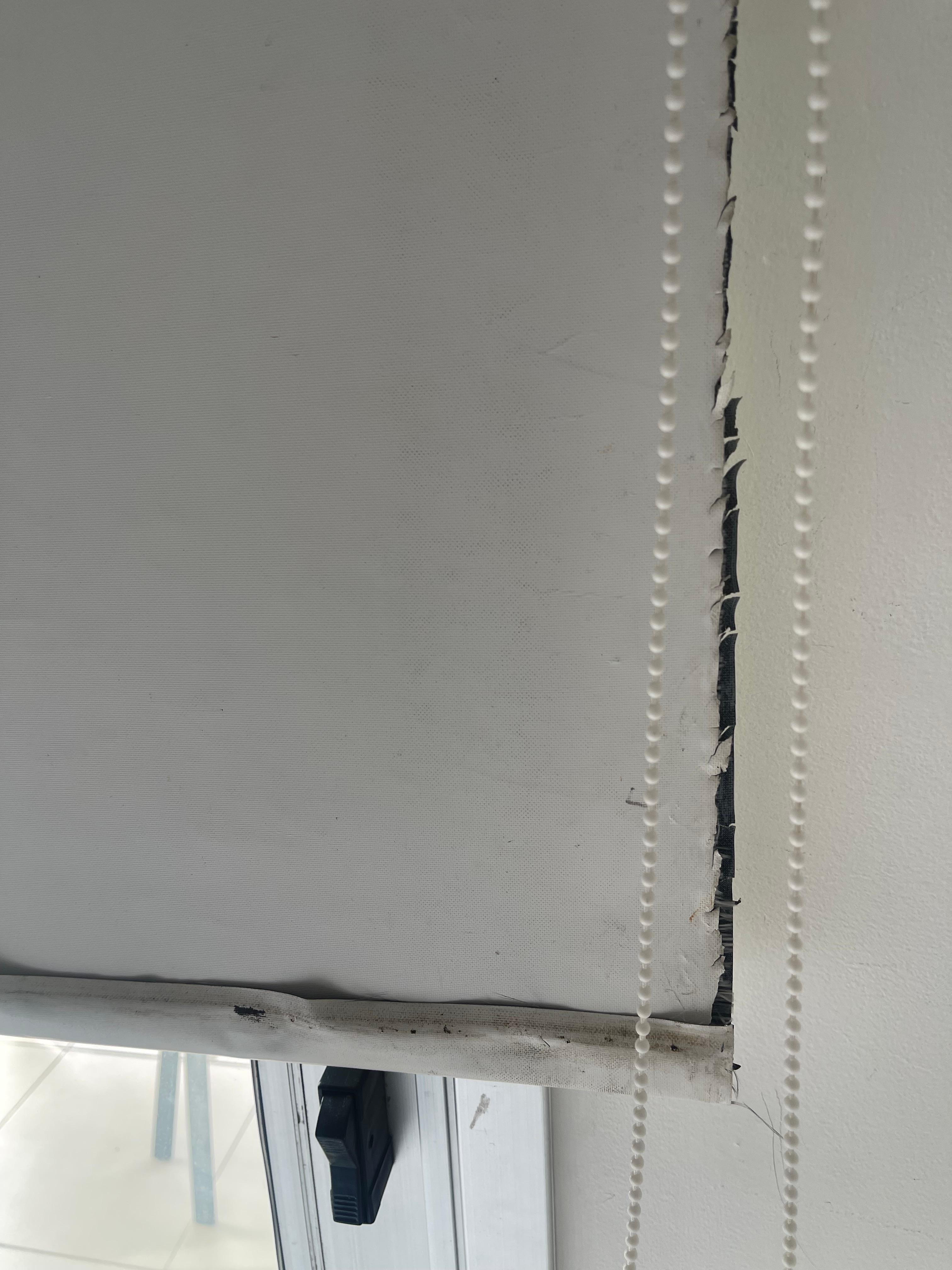 Cortina suja, rasgada e com mal cheiro.