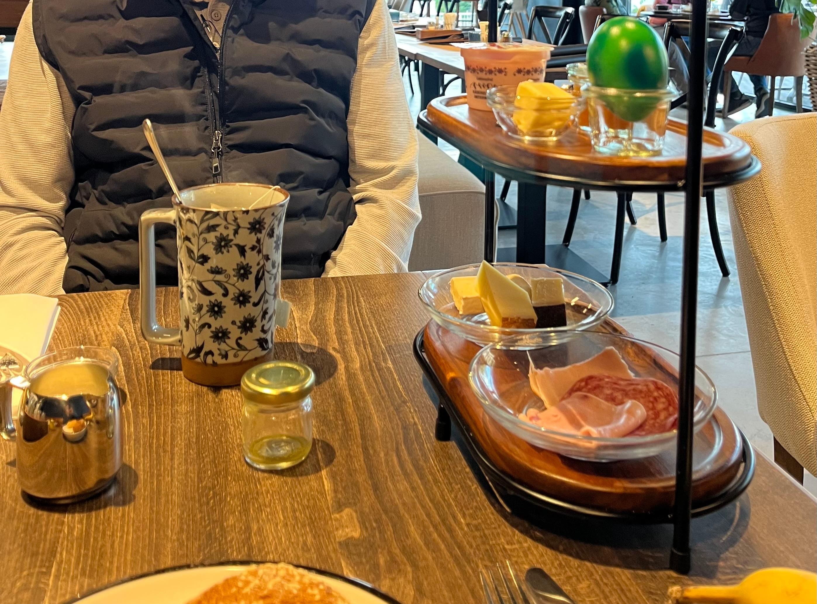 Breakfast served on a tray. 