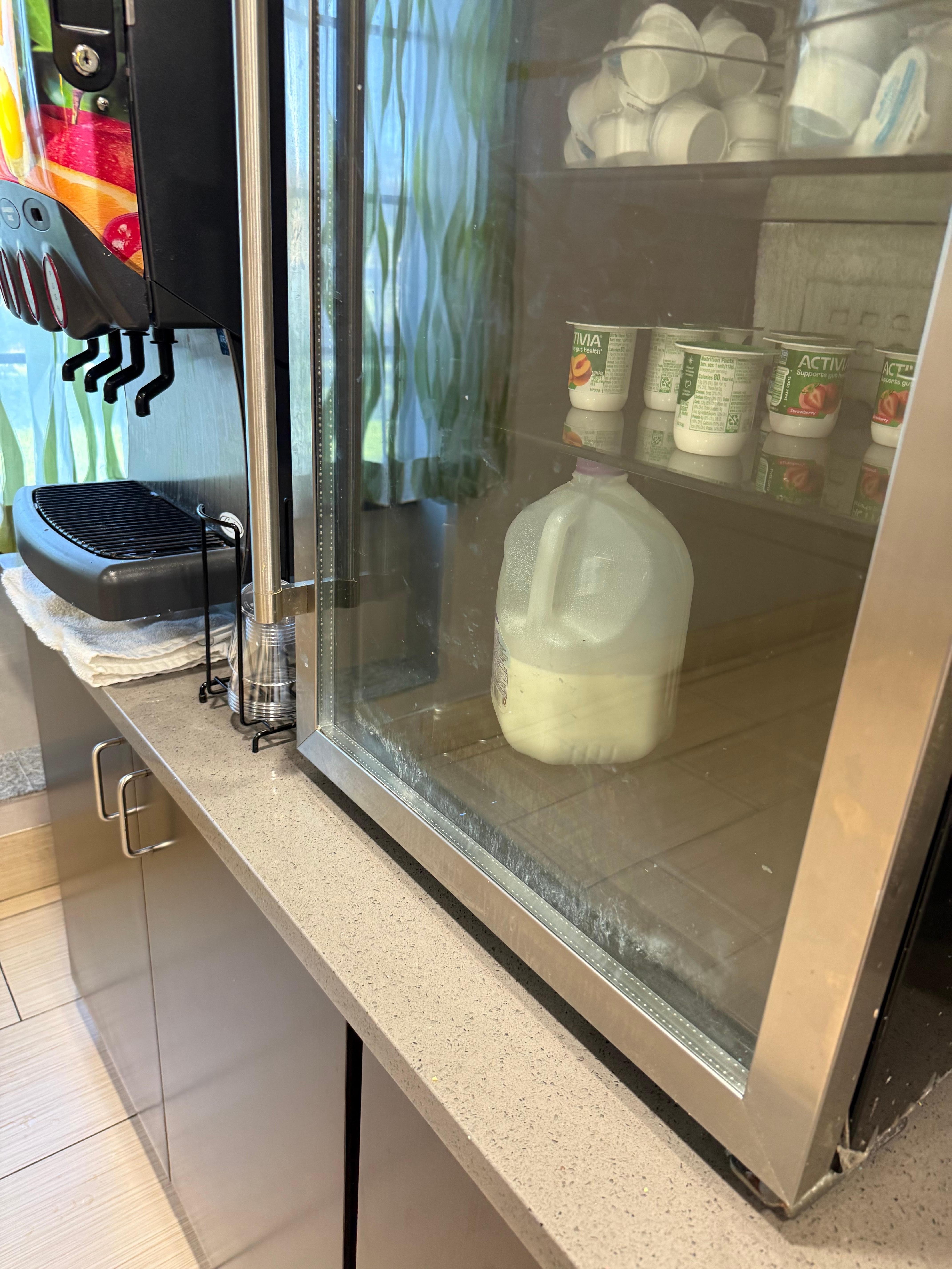 Milk jug just distasteful way of serving. And fridge was dirty. 