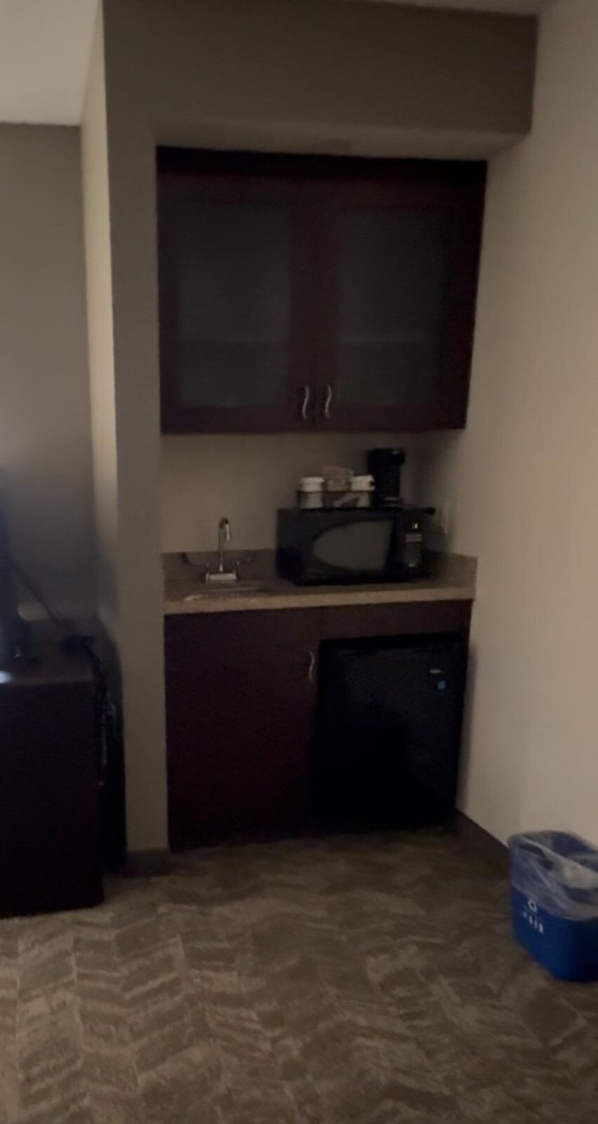Cabinet space with microwave and fridge 