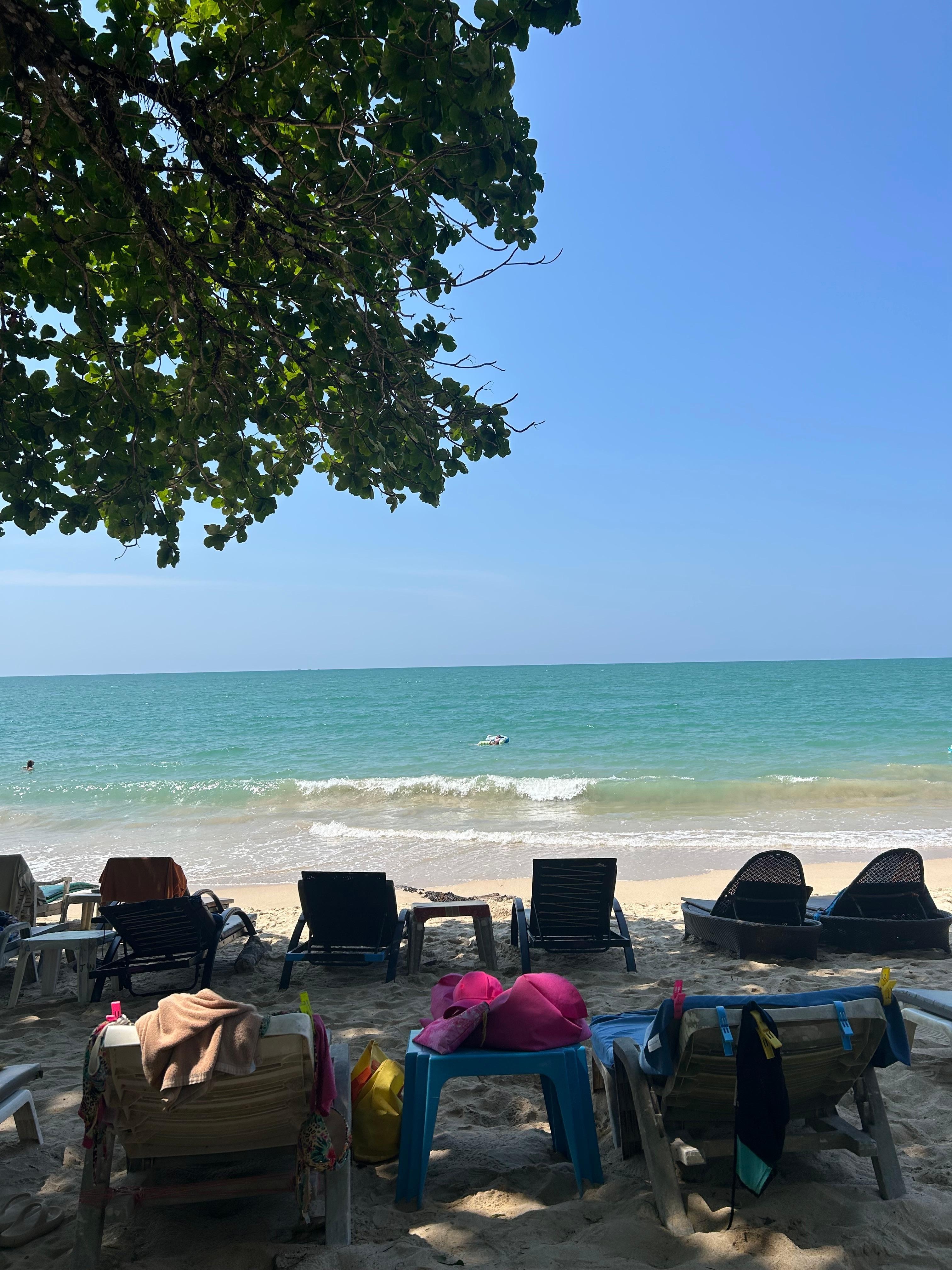 Strand med stolar i både sol och skugga